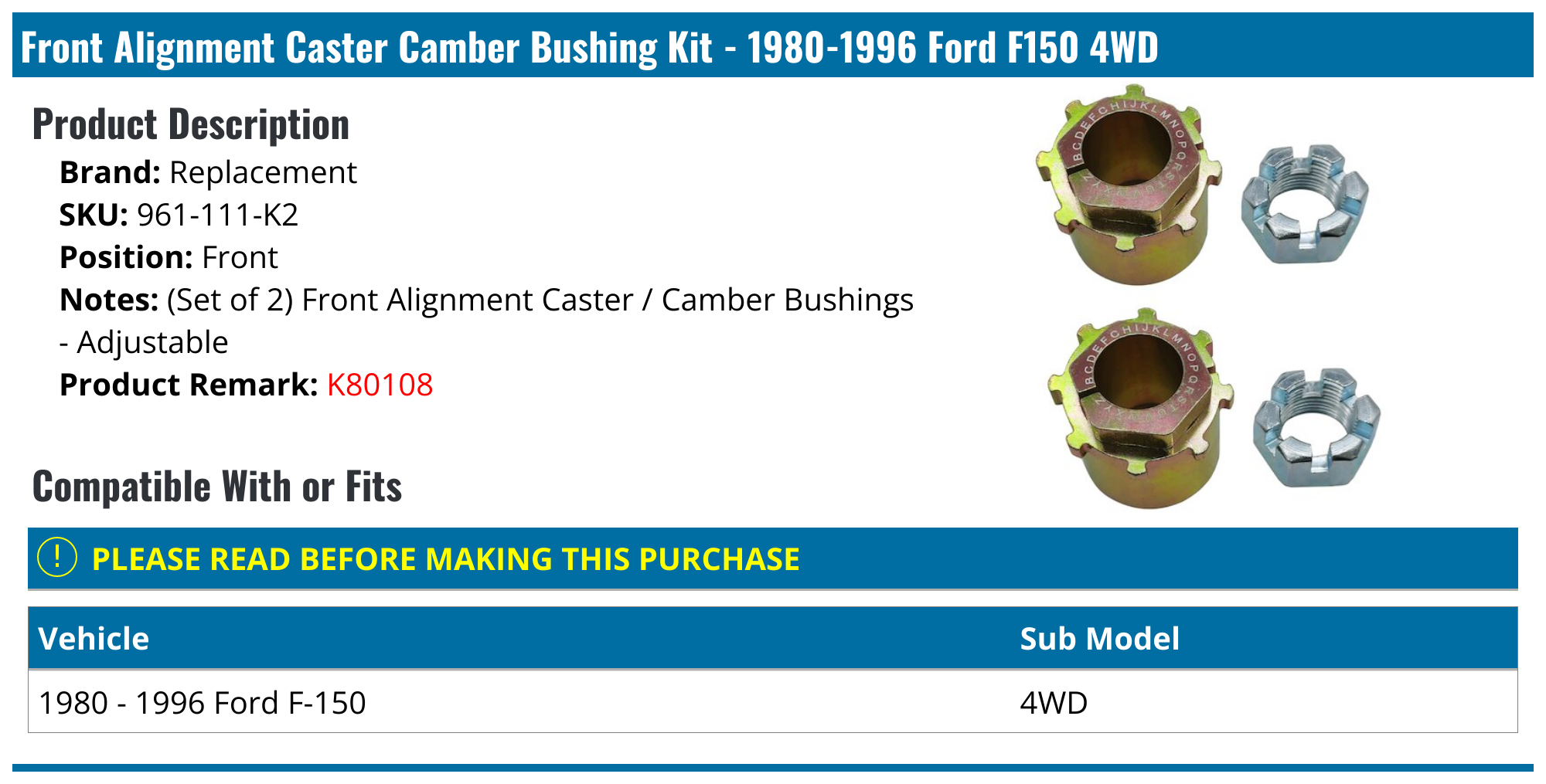1980-1996 Ford F150 Alignment Caster Camber Bushing - Replacement 961 ...