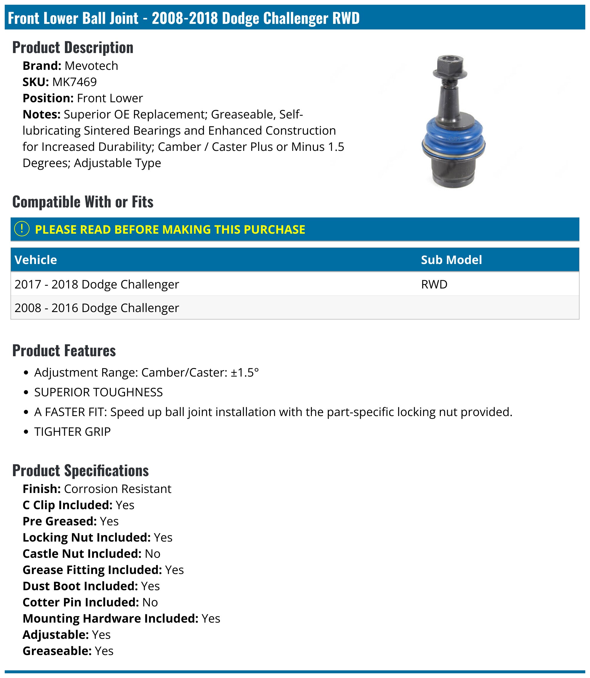 2008-2018 Dodge Challenger Ball Joint - Mevotech MK7469 - Front Lower ...