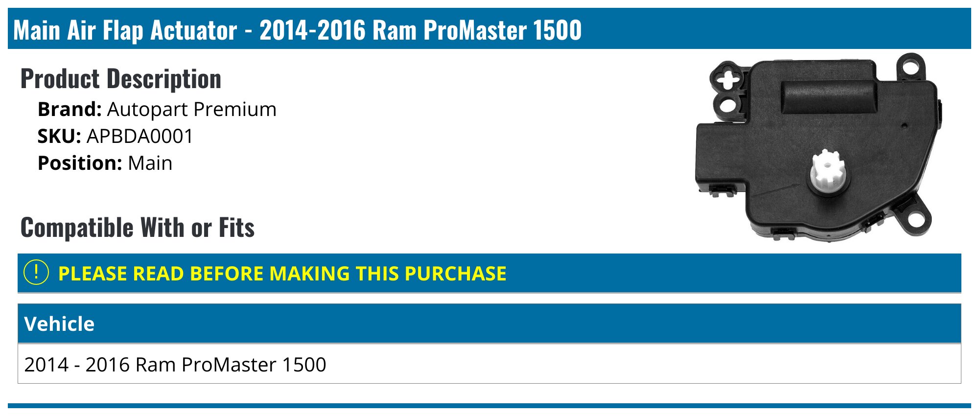 2014-2019 Ram ProMaster 1500 Air Flap Actuator - Autopart Premium ...