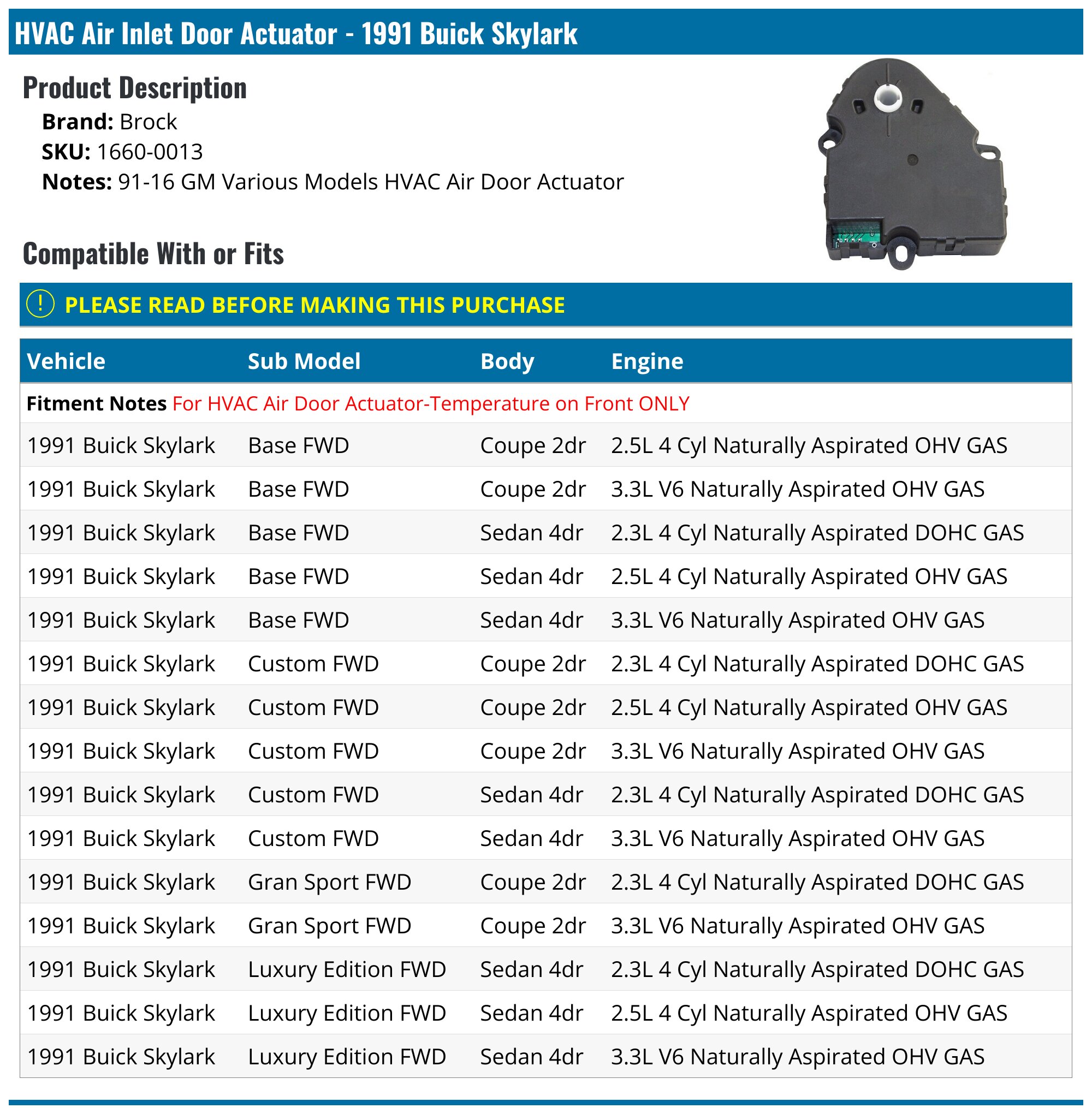 1991 Buick Skylark Air Flap Actuator - Brock 1660-0013 - PartsGeek.com