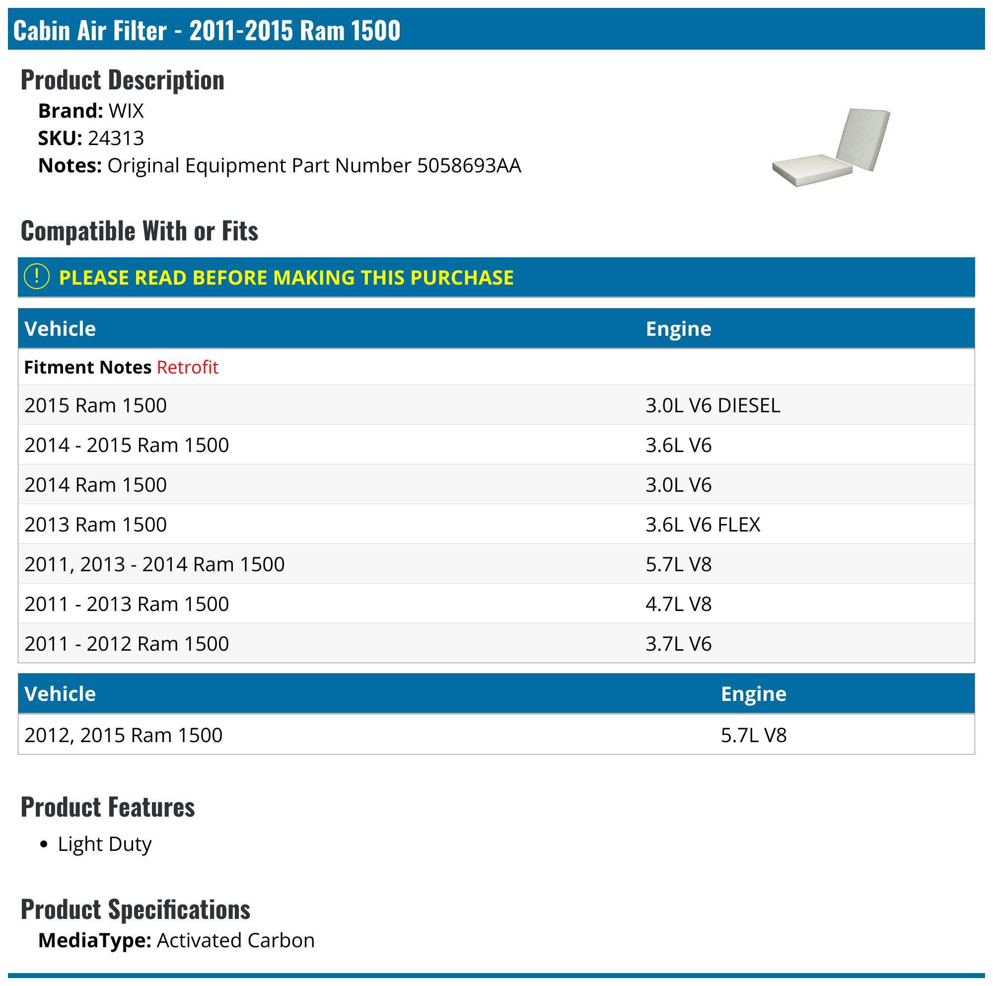 2011-2015, 2020 Ram 1500 Cabin Air Filter - WIX 24313 - PartsGeek.com