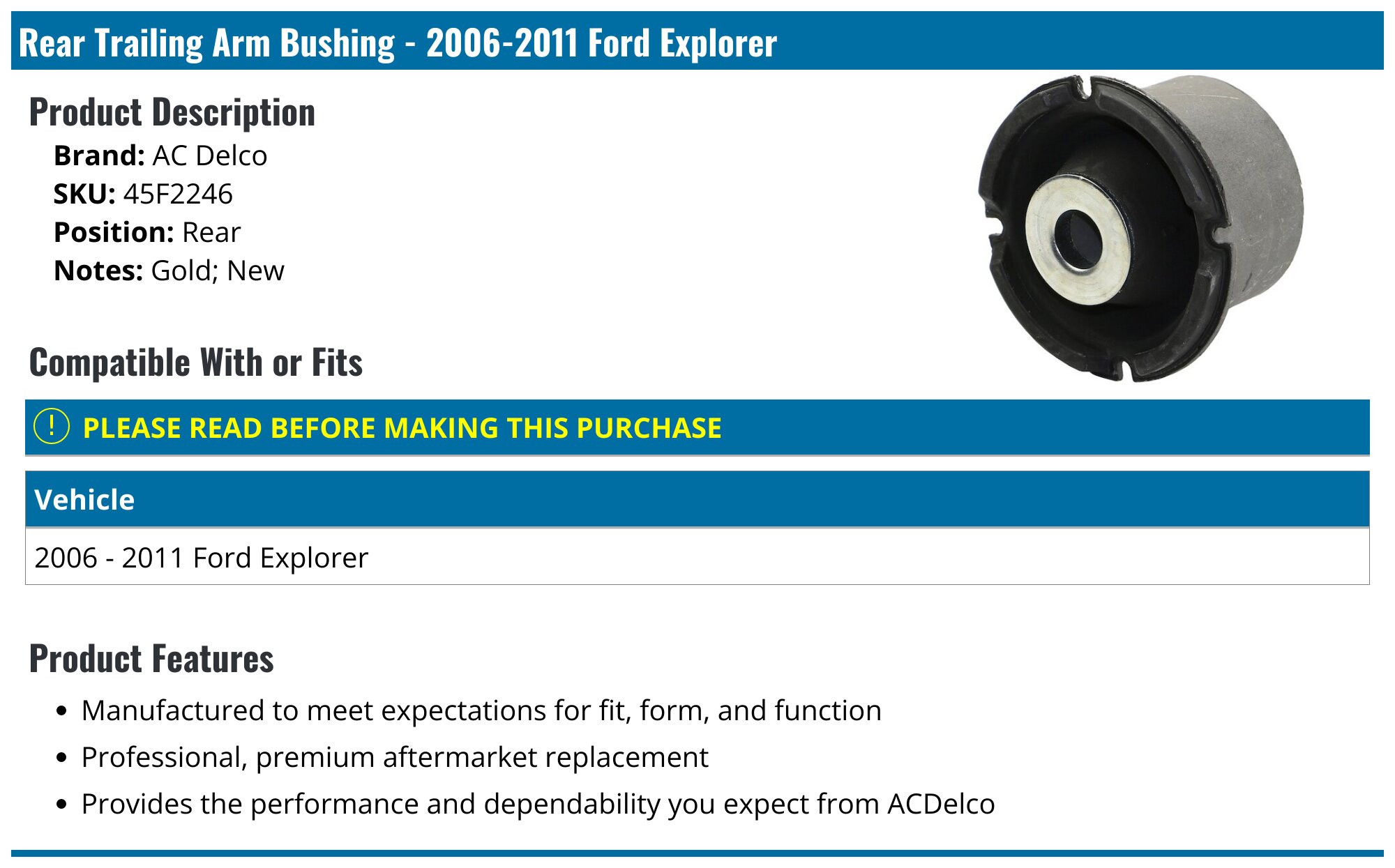 2006-2011 Ford Explorer Trailing Arm Bushing - AC Delco 45F2246 - Rear ...
