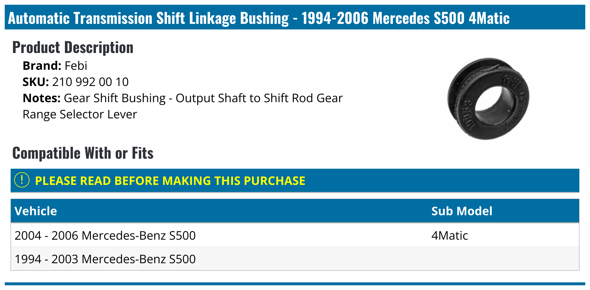 1994-2006 Mercedes S500 Automatic Transmission Shift Linkage Bushing ...