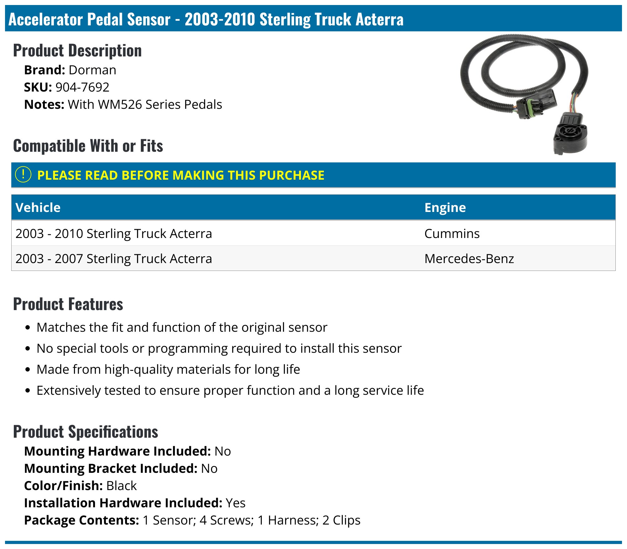 2003-2010 Sterling Truck Acterra Accelerator Pedal Sensor - Dorman 904 ...