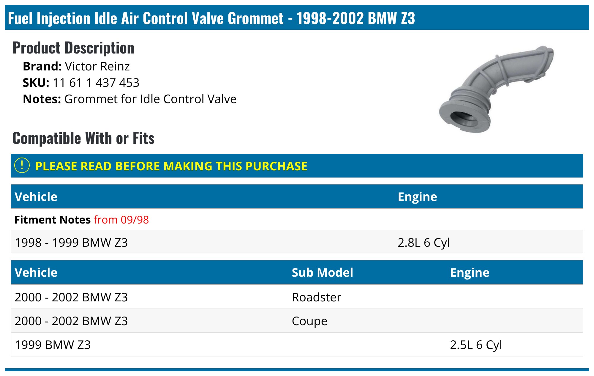 1998-2002 BMW Z3 Fuel Injection Idle Air Control Valve Grommet - Victor ...
