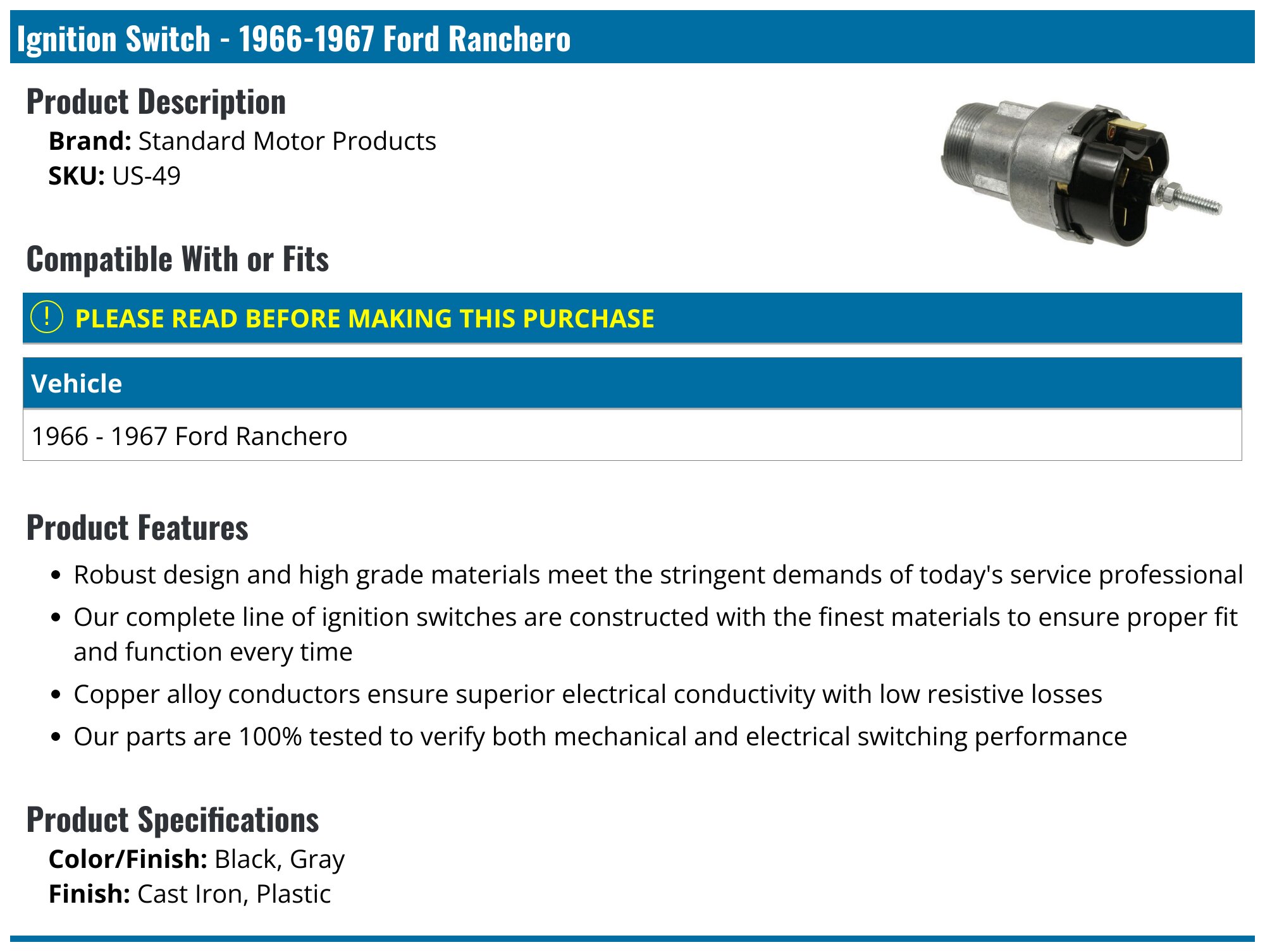 1966-1967 Ford Ranchero Ignition Switch - Standard Motor Products US-49 ...