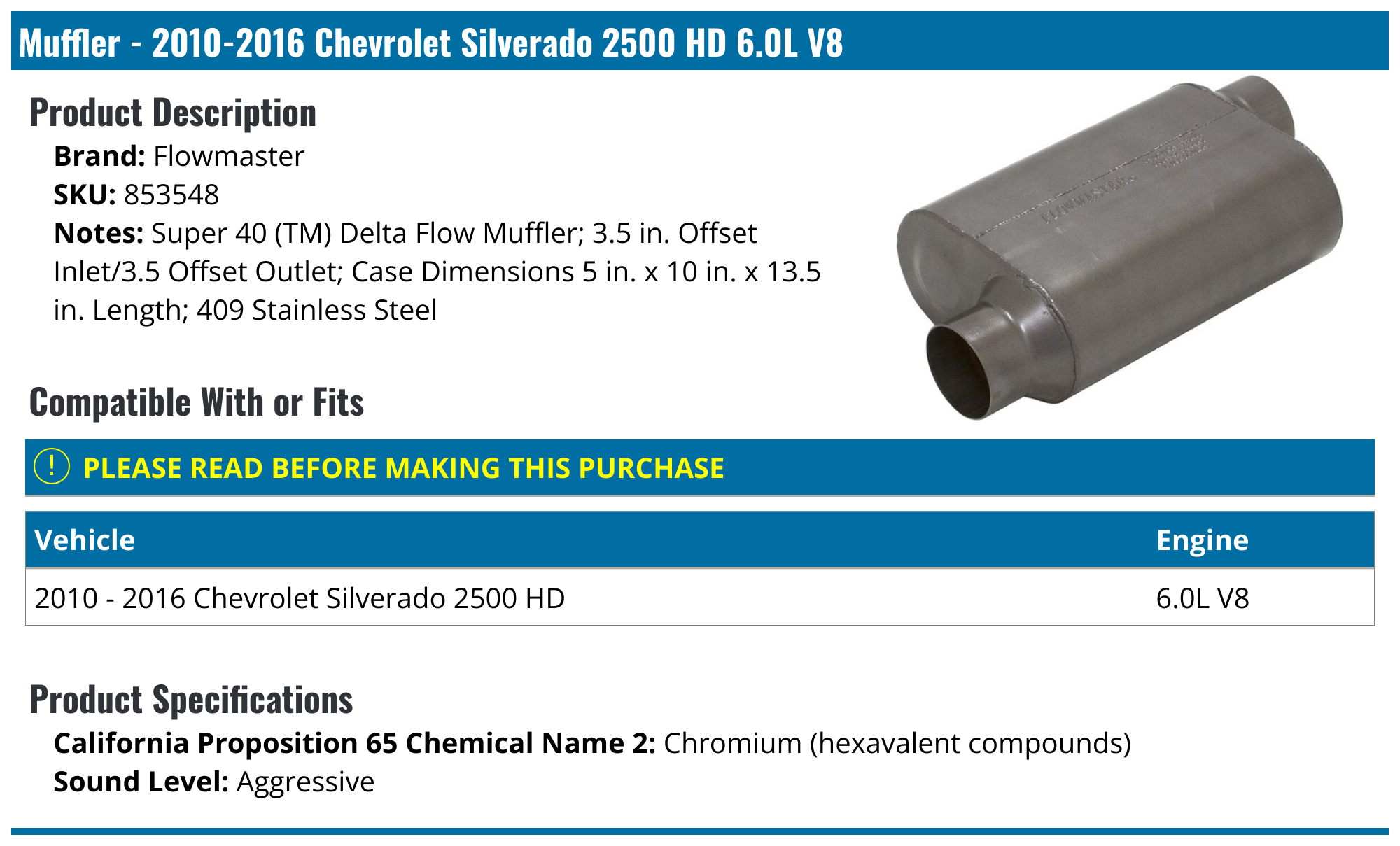 2010-2016 Chevrolet Silverado 2500 HD Muffler - Flowmaster 853548 ...