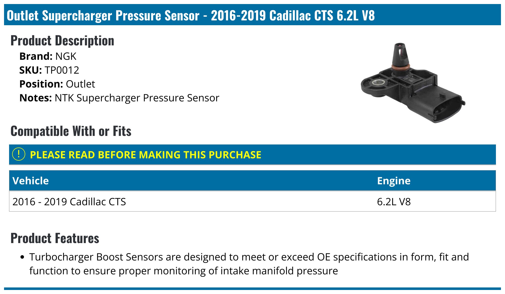 2016-2019 Cadillac CTS Supercharger Pressure Sensor - NGK TP0012 ...