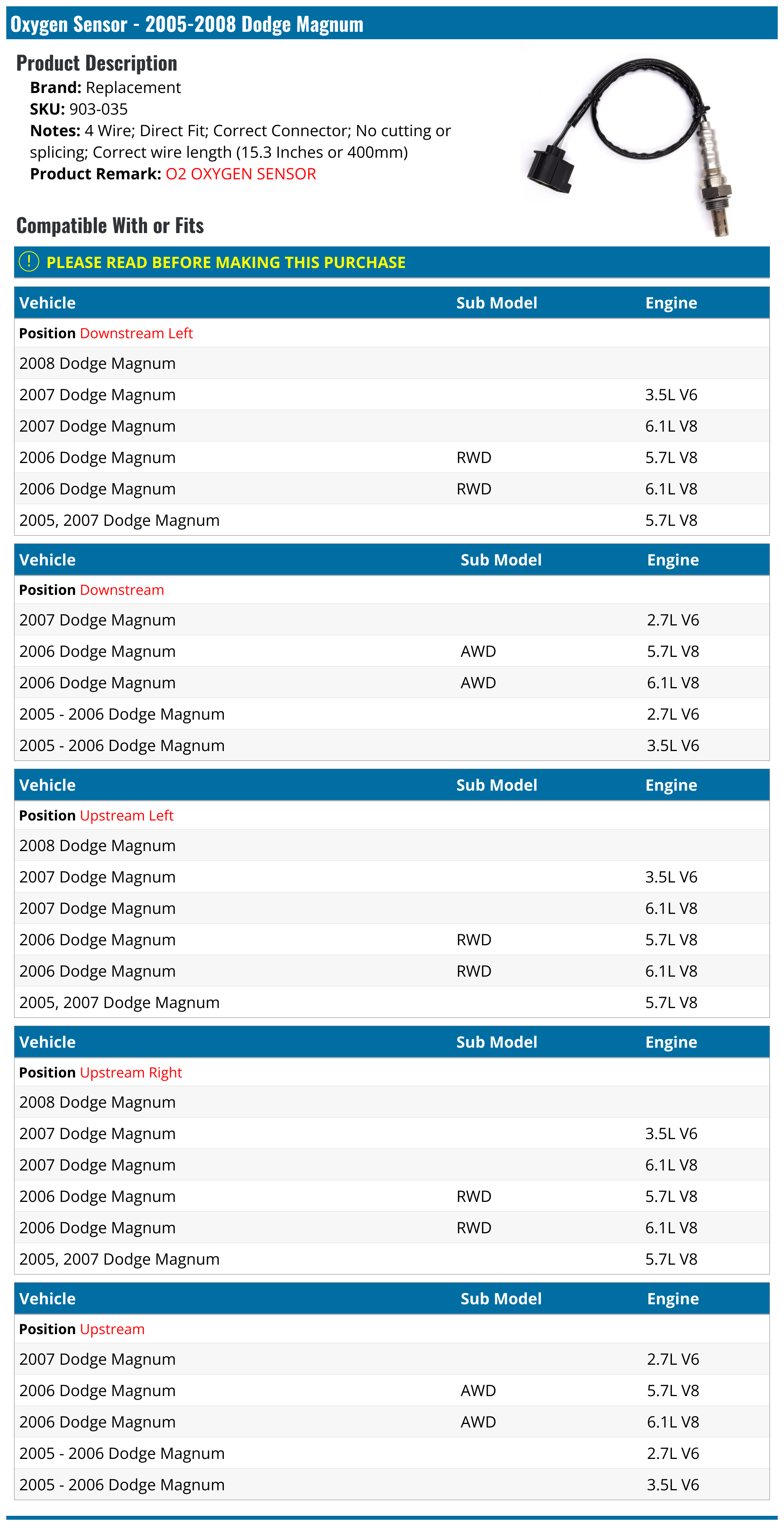 2005-2008 Dodge Magnum Oxygen Sensor - Replacement 903-035 - PartsGeek.com