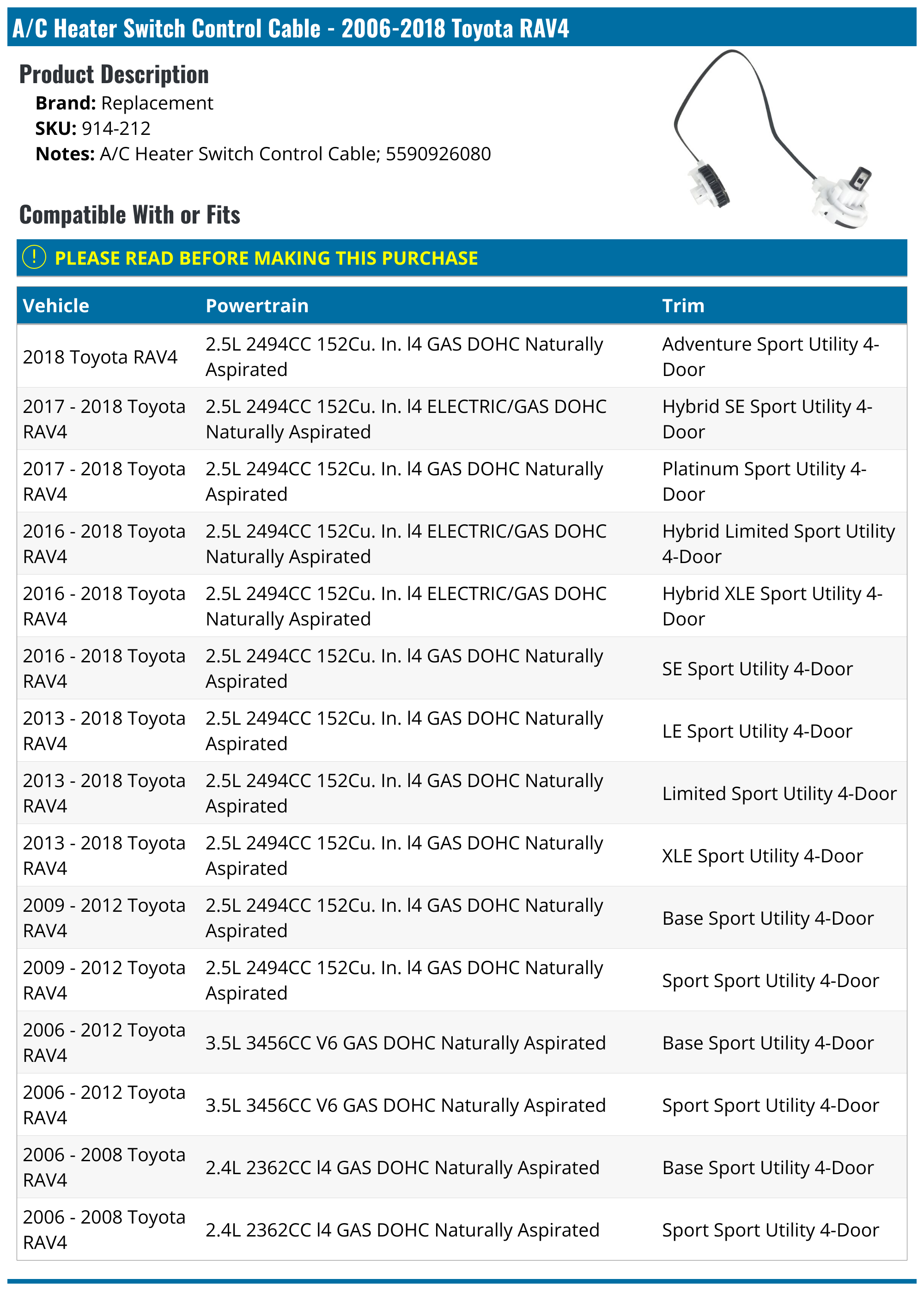 2006-2018 Toyota RAV4 A/C Heater Switch Control Cable - Replacement 914 ...