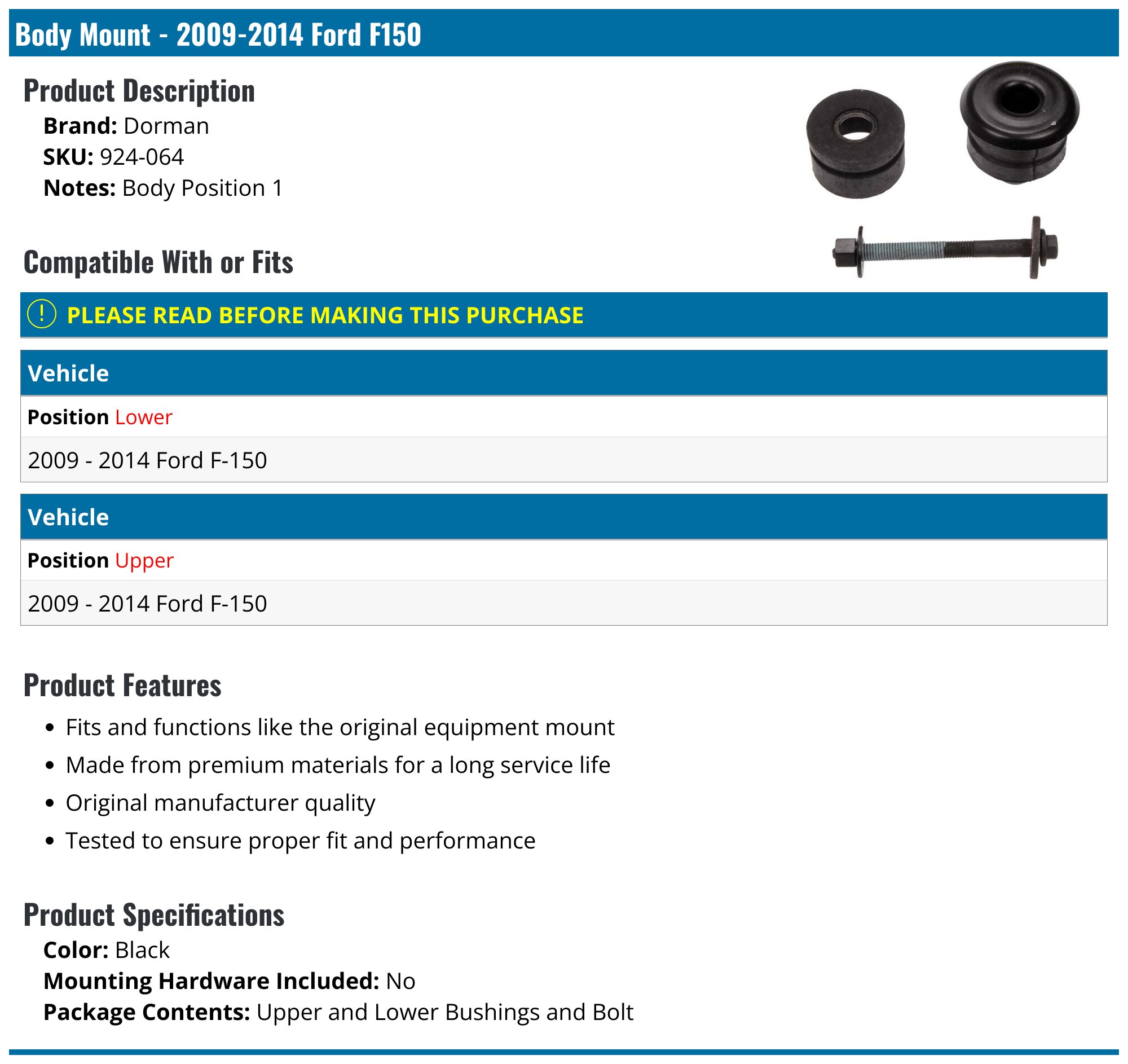2009-2014 Ford F150 Body Mount - Dorman 924-064 - Lower - PartsGeek.com