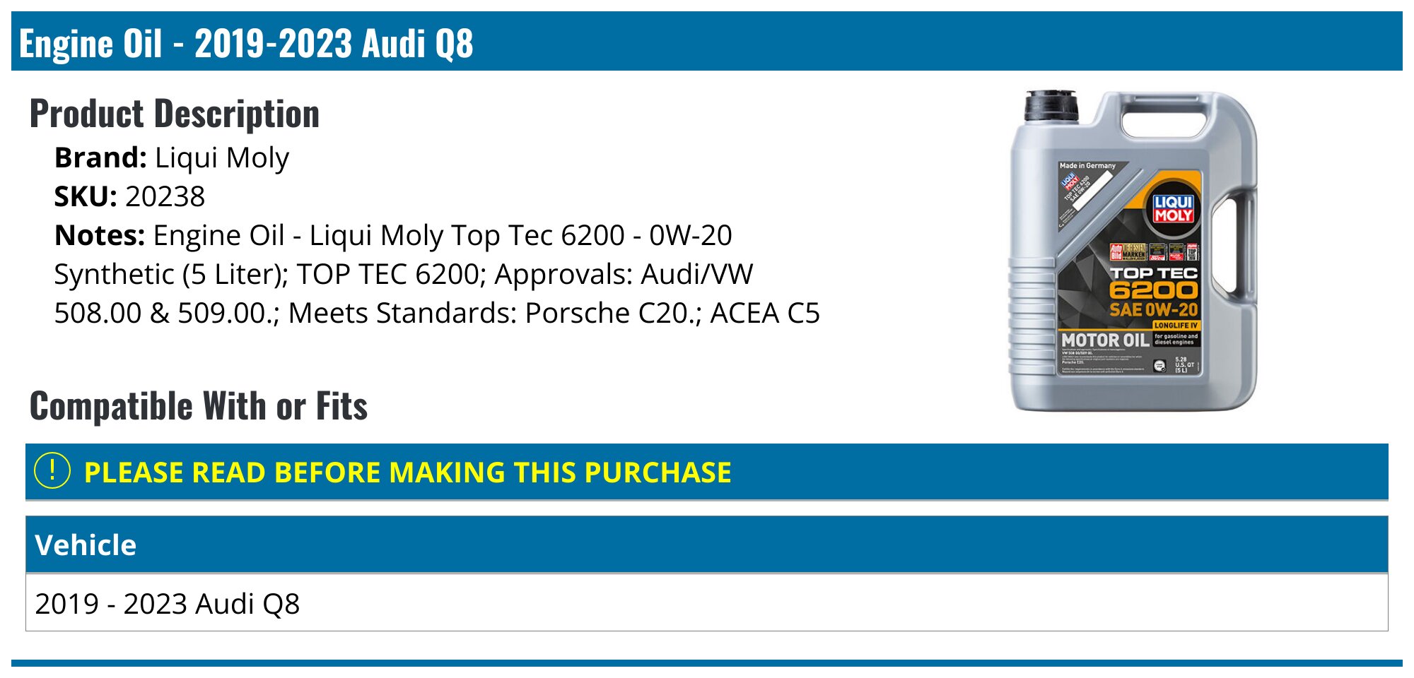 2019-2023 Audi Q8 Engine Oil - Liqui Moly 20238 - - PartsGeek.com