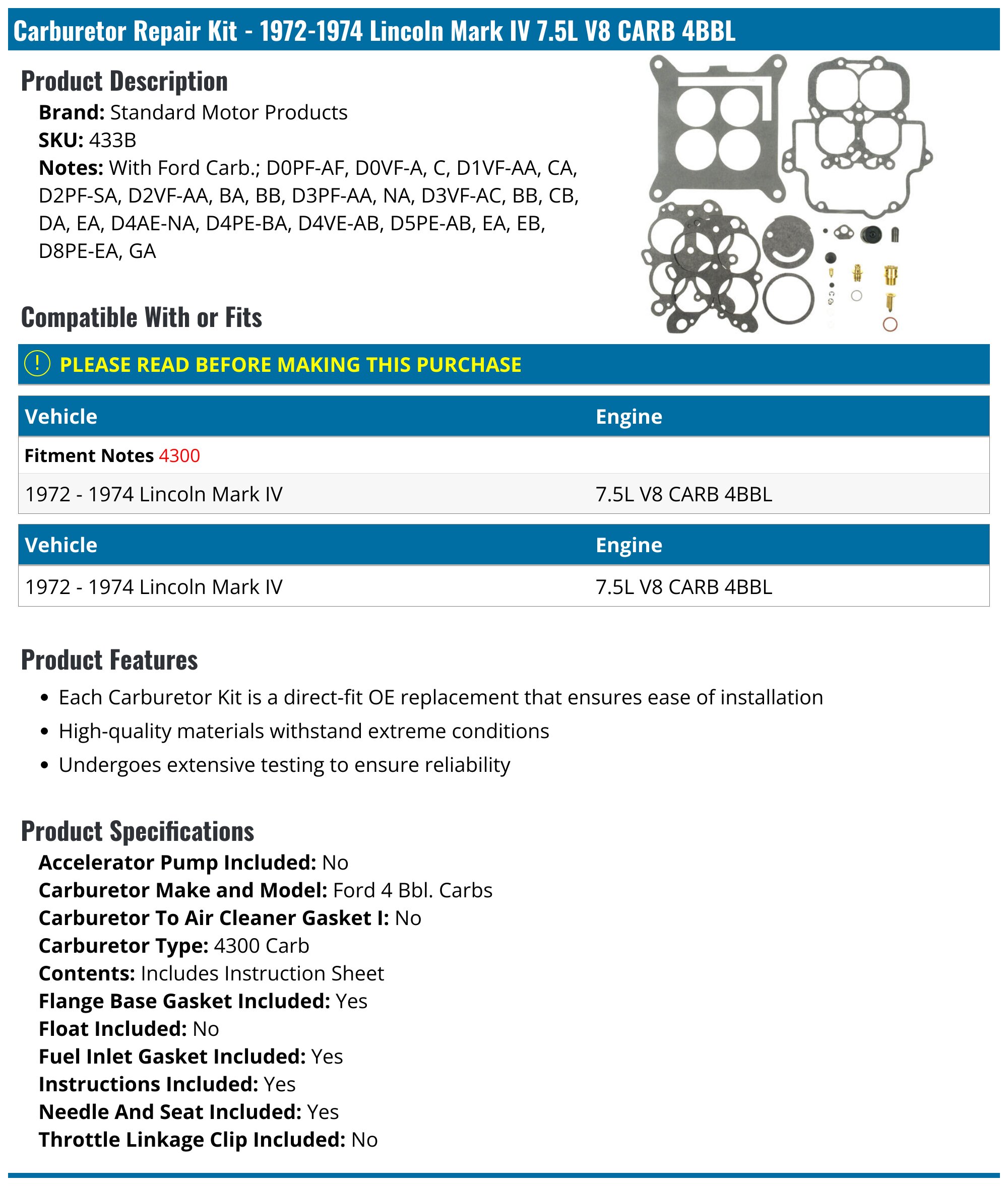 1972-1974 Lincoln Mark IV Carburetor Repair Kit - Standard Motor ...