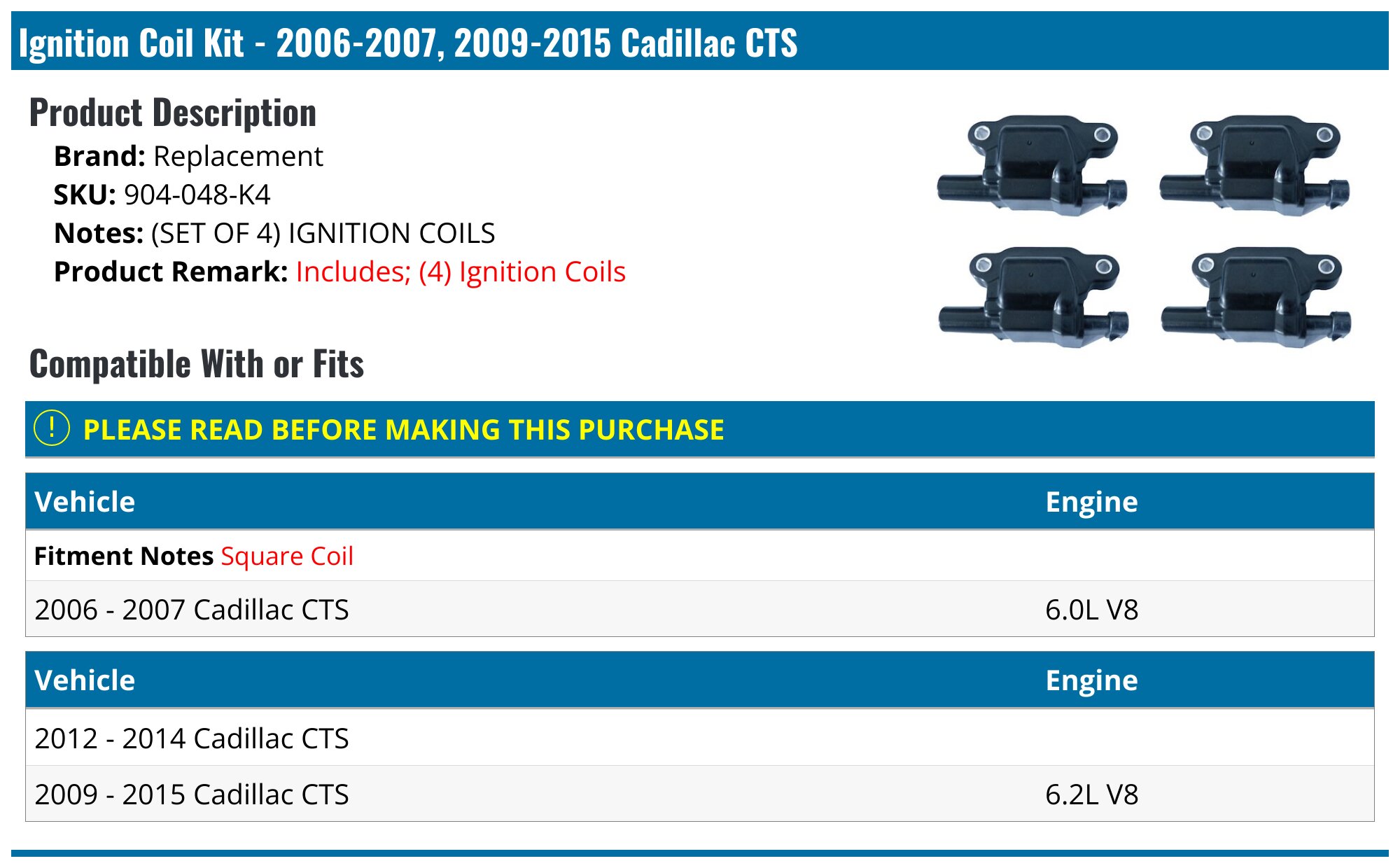 2006-2007, 2009-2015 Cadillac CTS Ignition Coil - Replacement 904-048 ...
