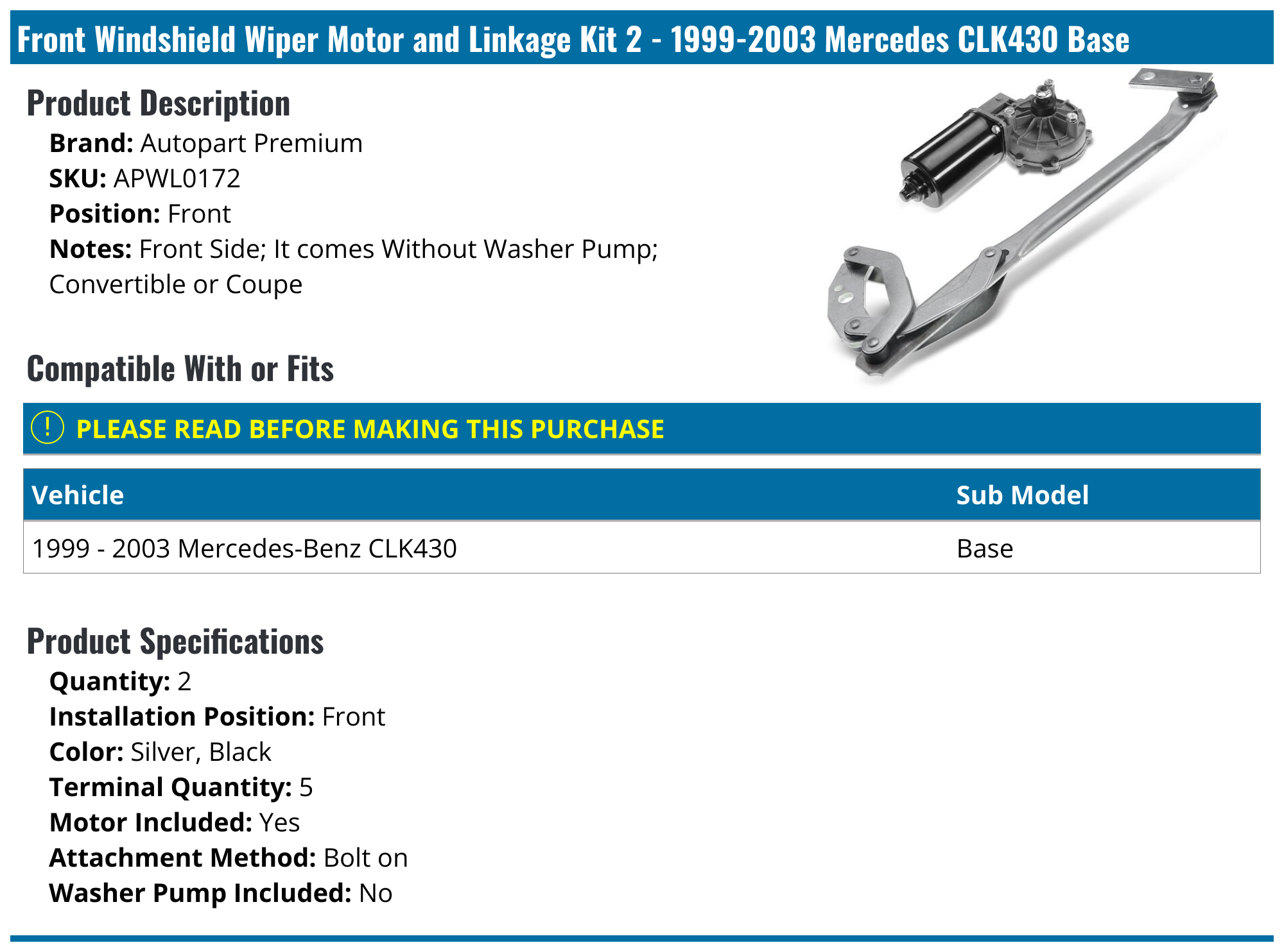 1999-2003 Mercedes CLK430 Windshield Wiper Linkage - Autopart Premium ...