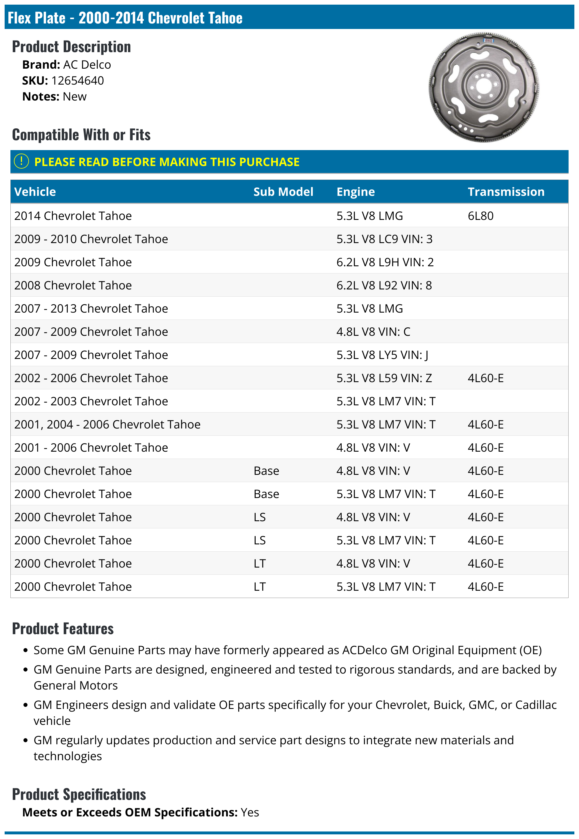 2000-2014 Chevrolet Tahoe Flex Plate - AC Delco 12654640 - PartsGeek.com