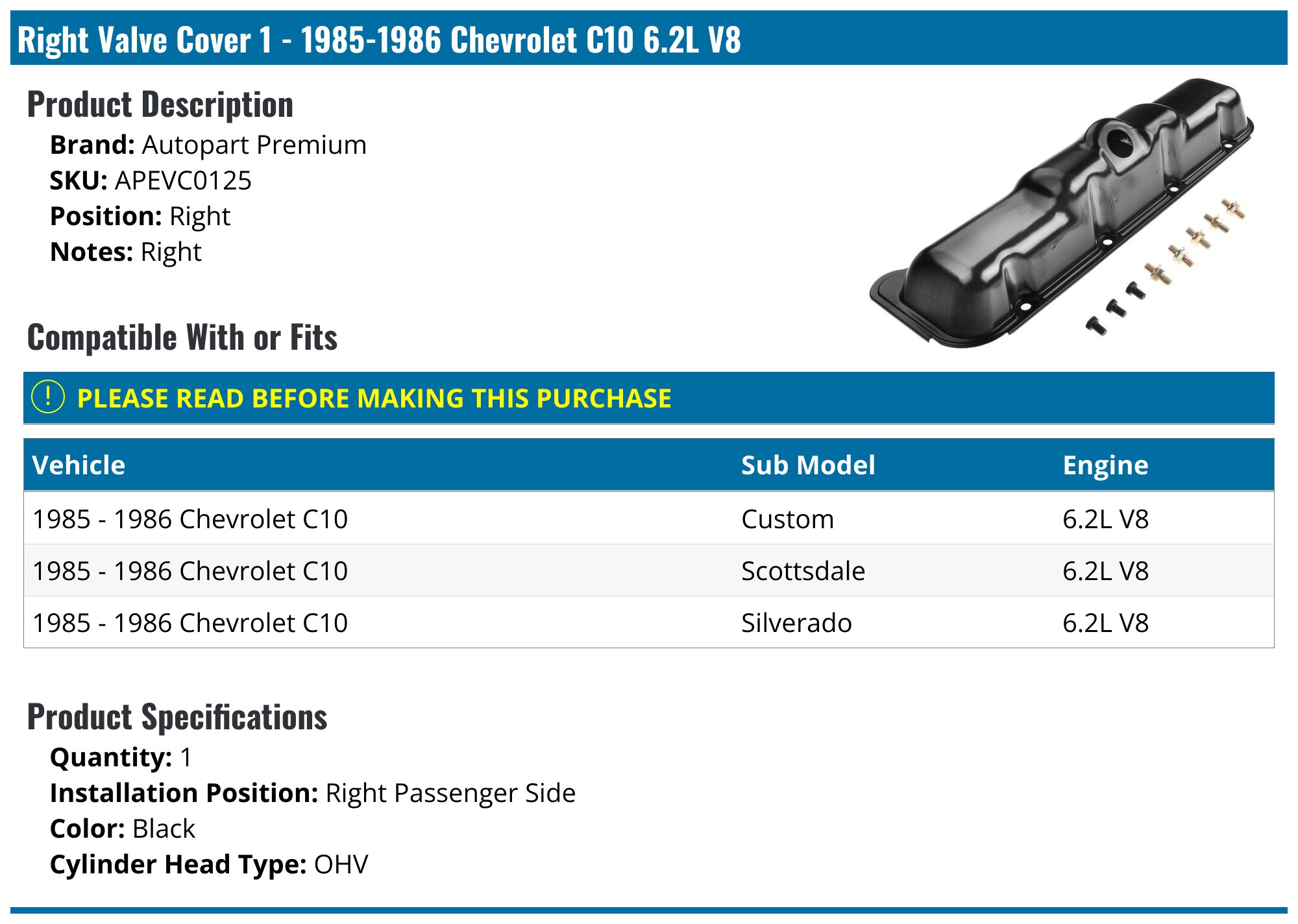 1985-1986 Chevrolet C10 Valve Cover - Autopart Premium APEVC0125 ...