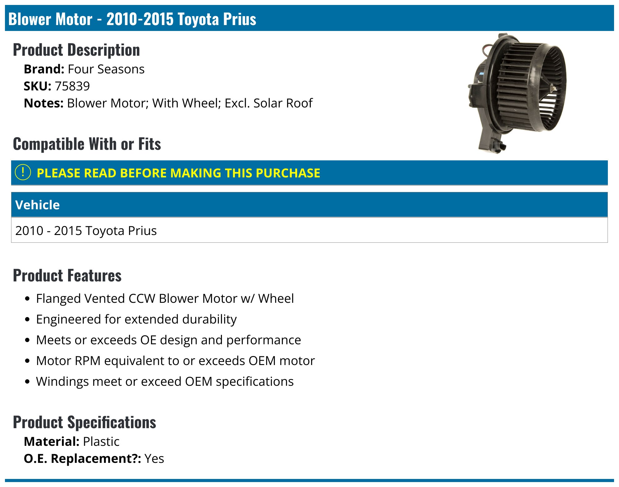 2010-2015 Toyota Prius Blower Motor - Four Seasons 75839 - PartsGeek.com