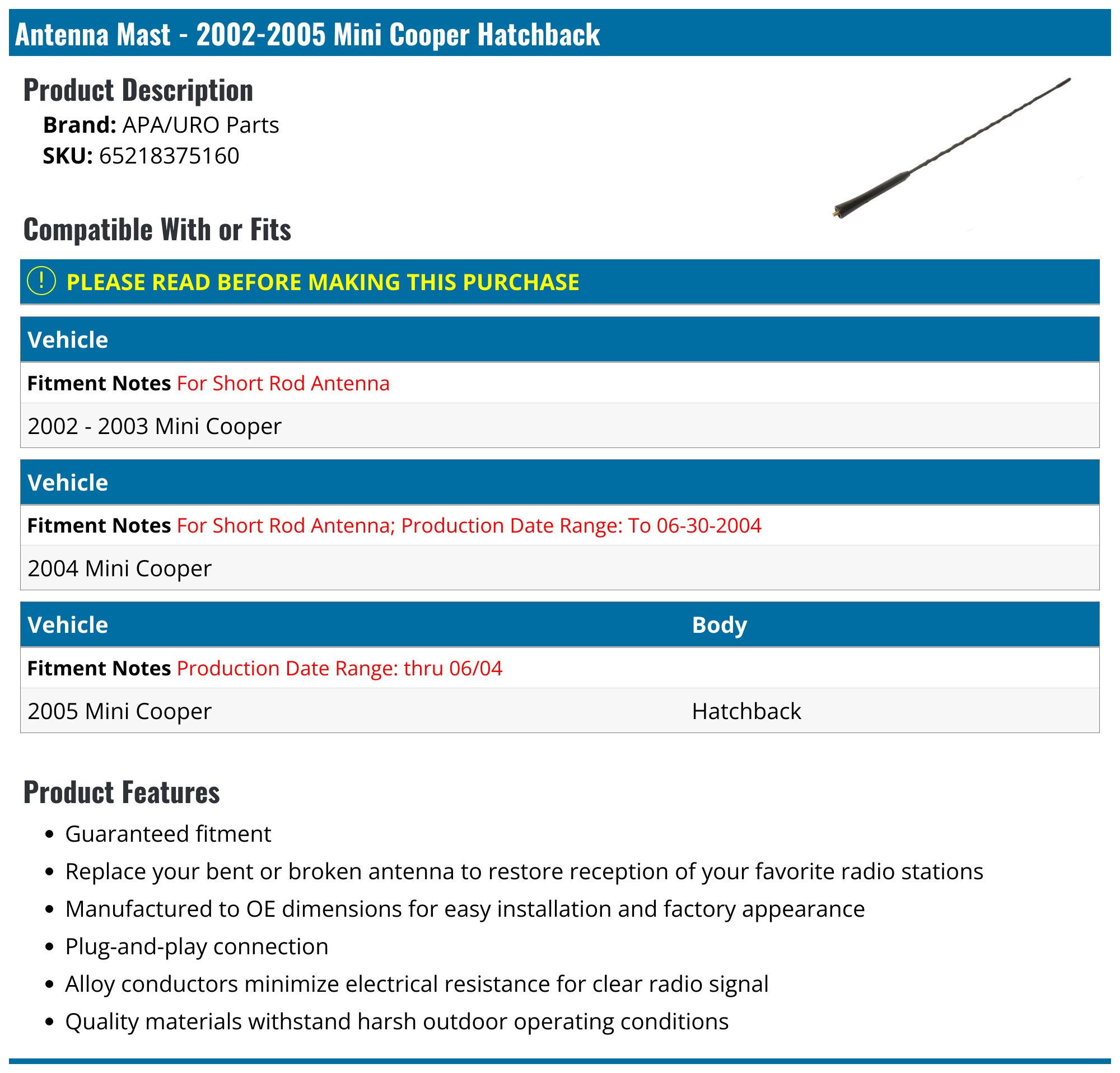 2002-2005 Mini Cooper Antenna - APA/URO Parts 65218375160 - PartsGeek.com
