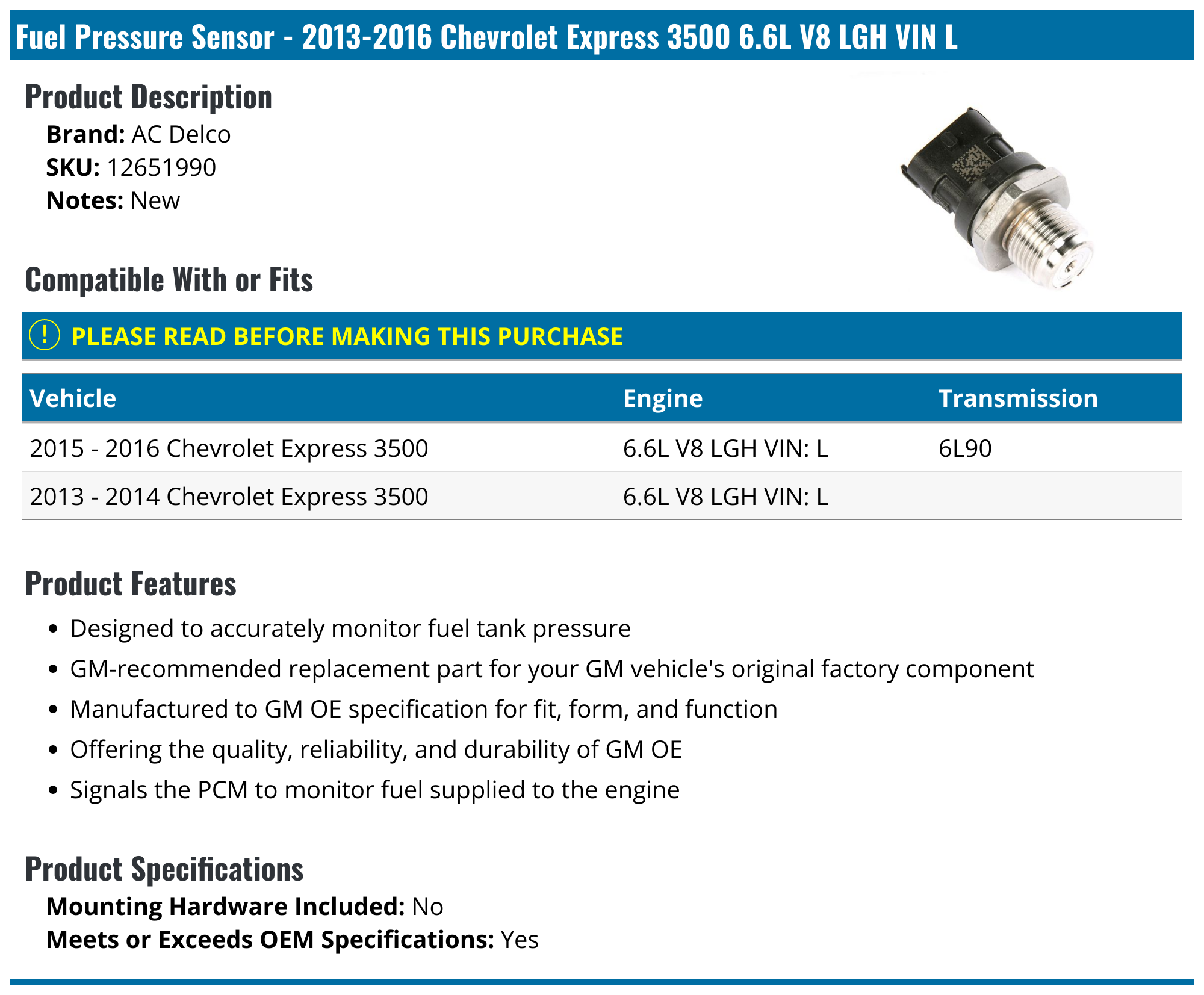 2010-2016 Chevrolet Express 3500 Fuel Pressure Sensor - AC Delco ...