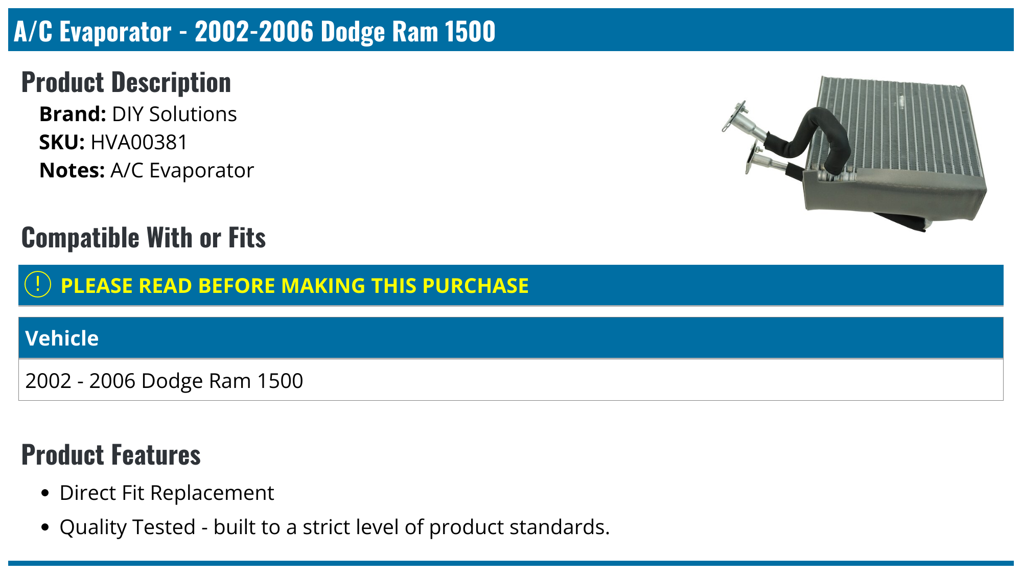 2002-2006 Dodge Ram 1500 A/C Evaporator - DIY Solutions HVA00381 ...