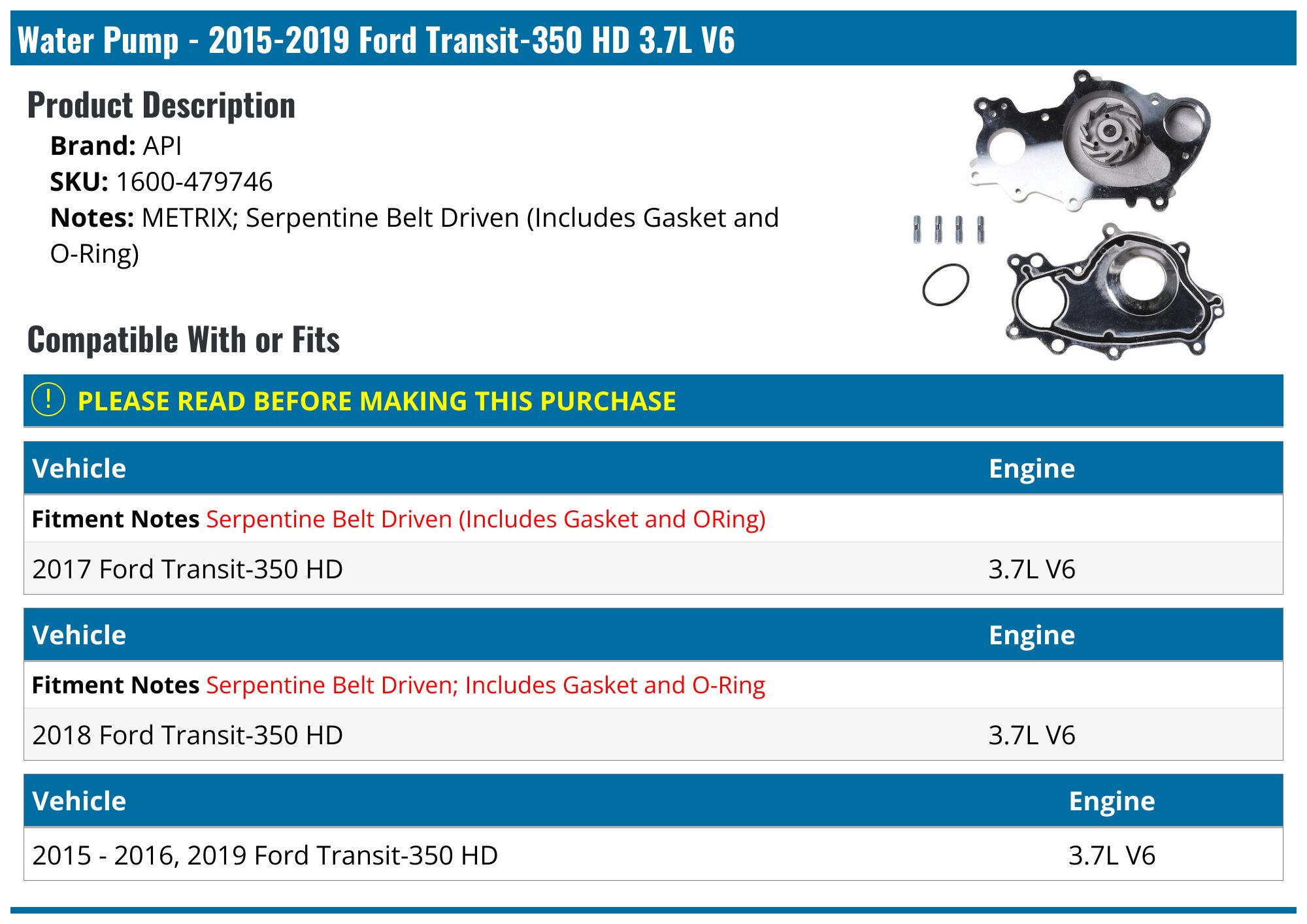 2015-2019 Ford Transit-350 HD Water Pump - API 129861-07499819 ...