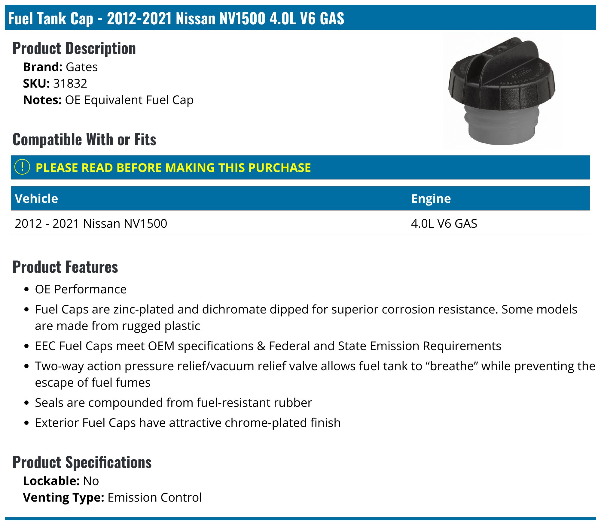 2012-2021 Nissan NV1500 Fuel Tank Cap - Gates 31832 - PartsGeek.com