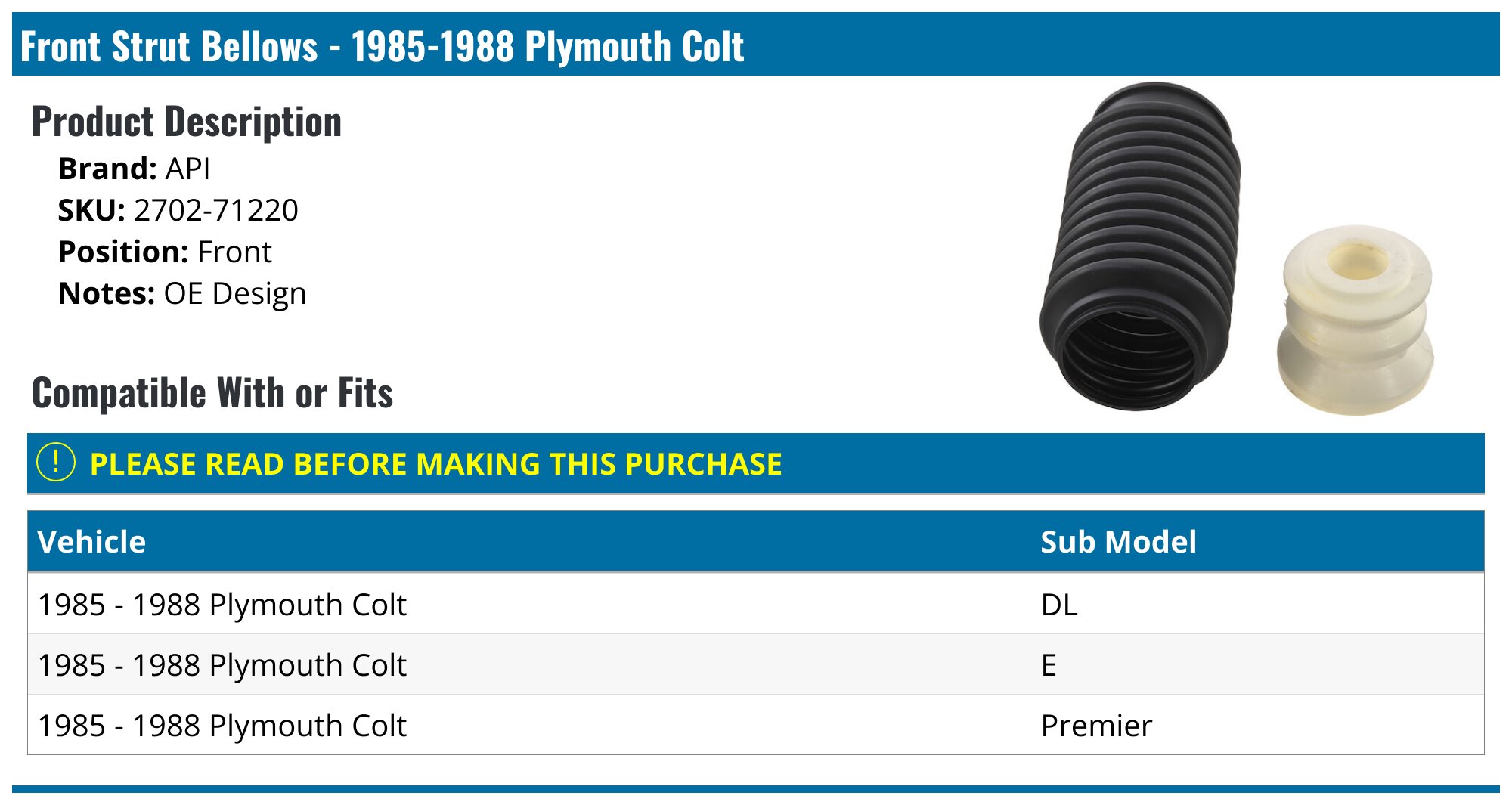1985-1988 Plymouth Colt Strut Bellows - API 2372-07980701 - Front ...