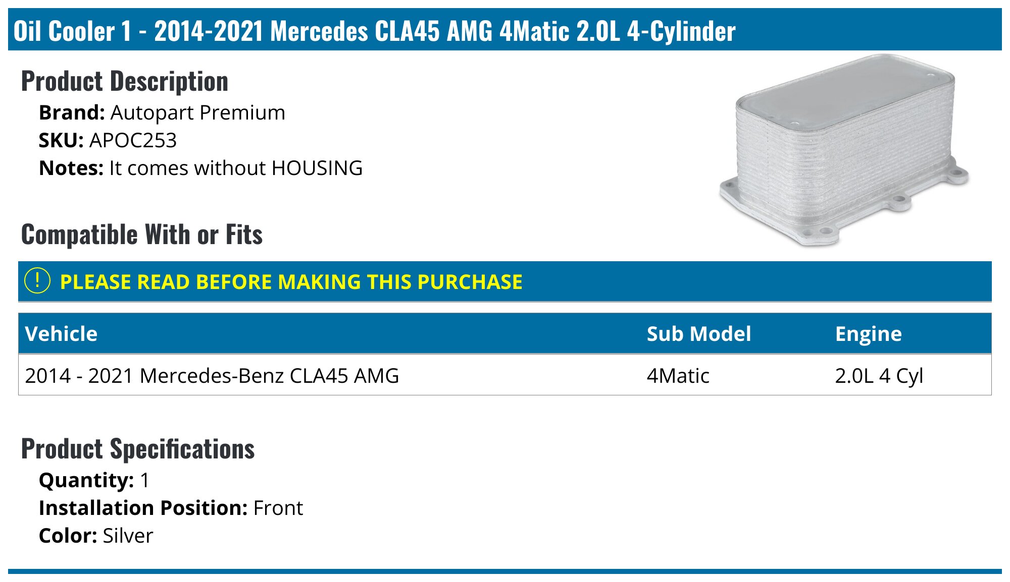 2014-2021 Mercedes CLA45 AMG Oil Cooler - Autopart Premium APOC253 ...