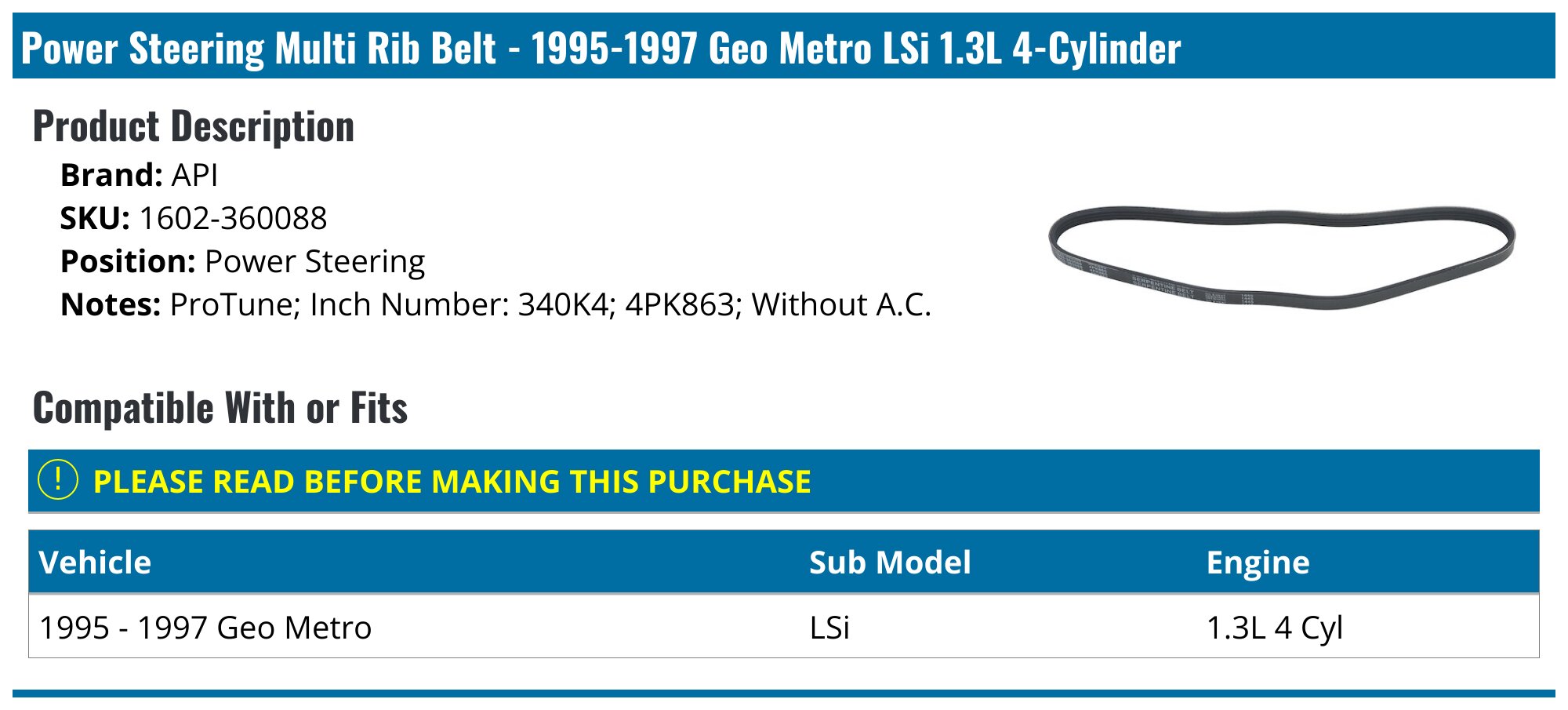 1995-1997 Geo Metro Multi Rib Belt - API 4324-07359247 - Power Steering ...