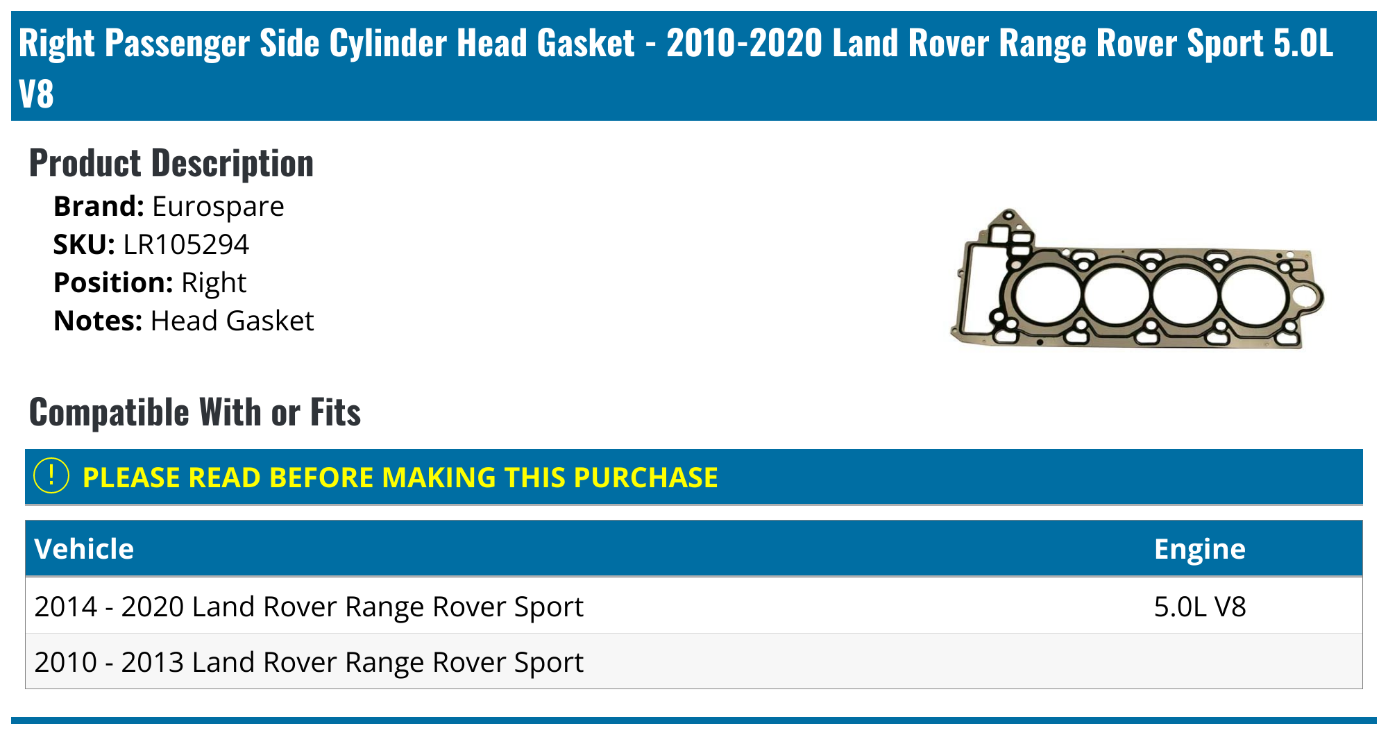 2010-2020 Land Rover Range Rover Sport Head Gasket - Eurospare LR105294 ...