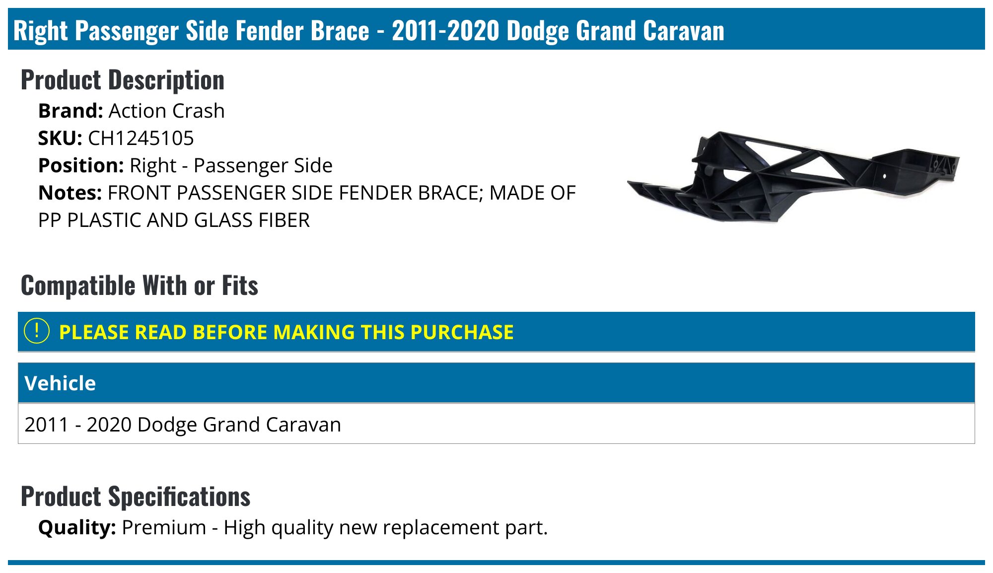 2011-2020 Dodge Grand Caravan Fender Brace - Action Crash CH1245105 ...