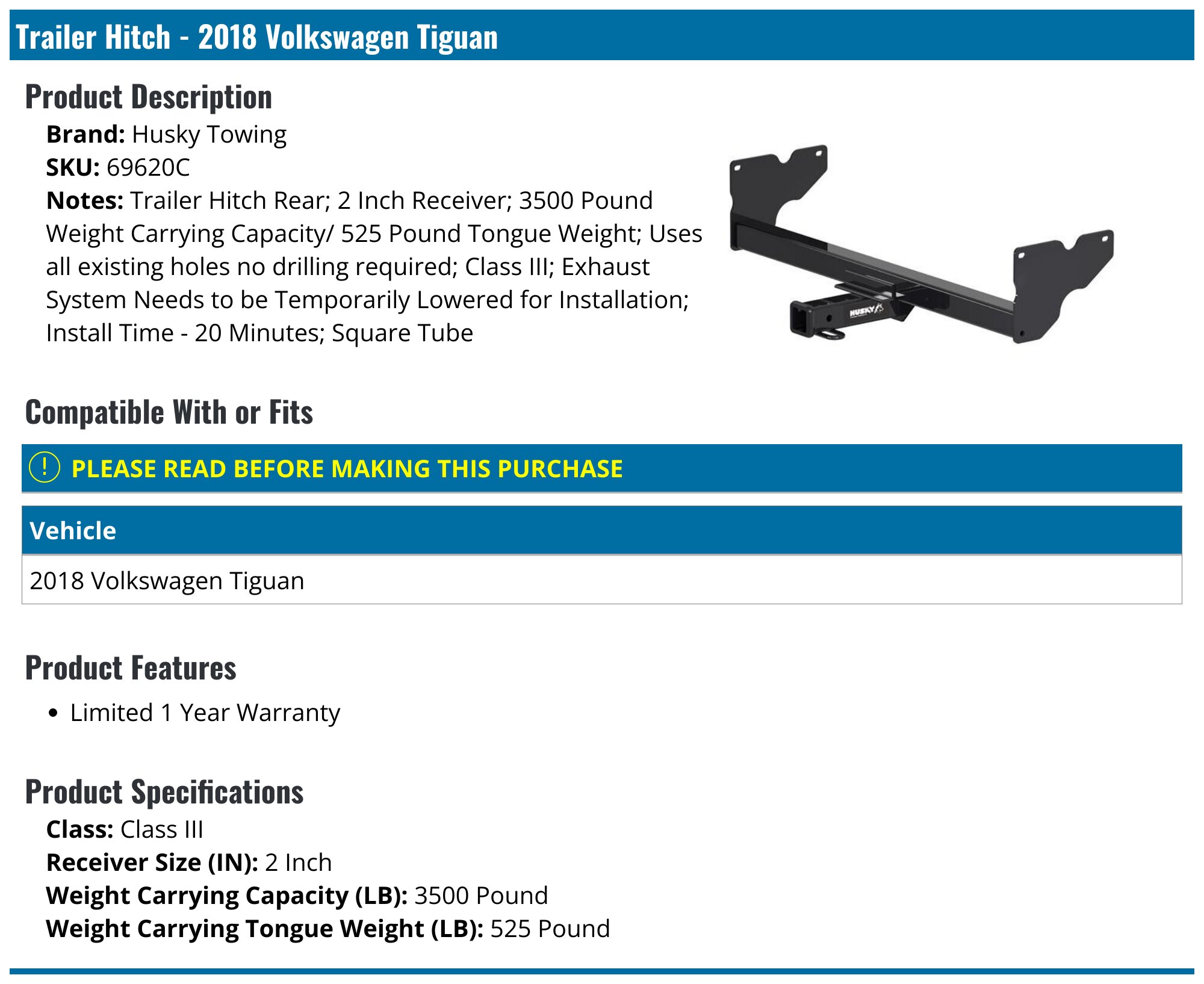 2018-2023 Volkswagen Tiguan Trailer Hitch - Husky Towing 69620C ...
