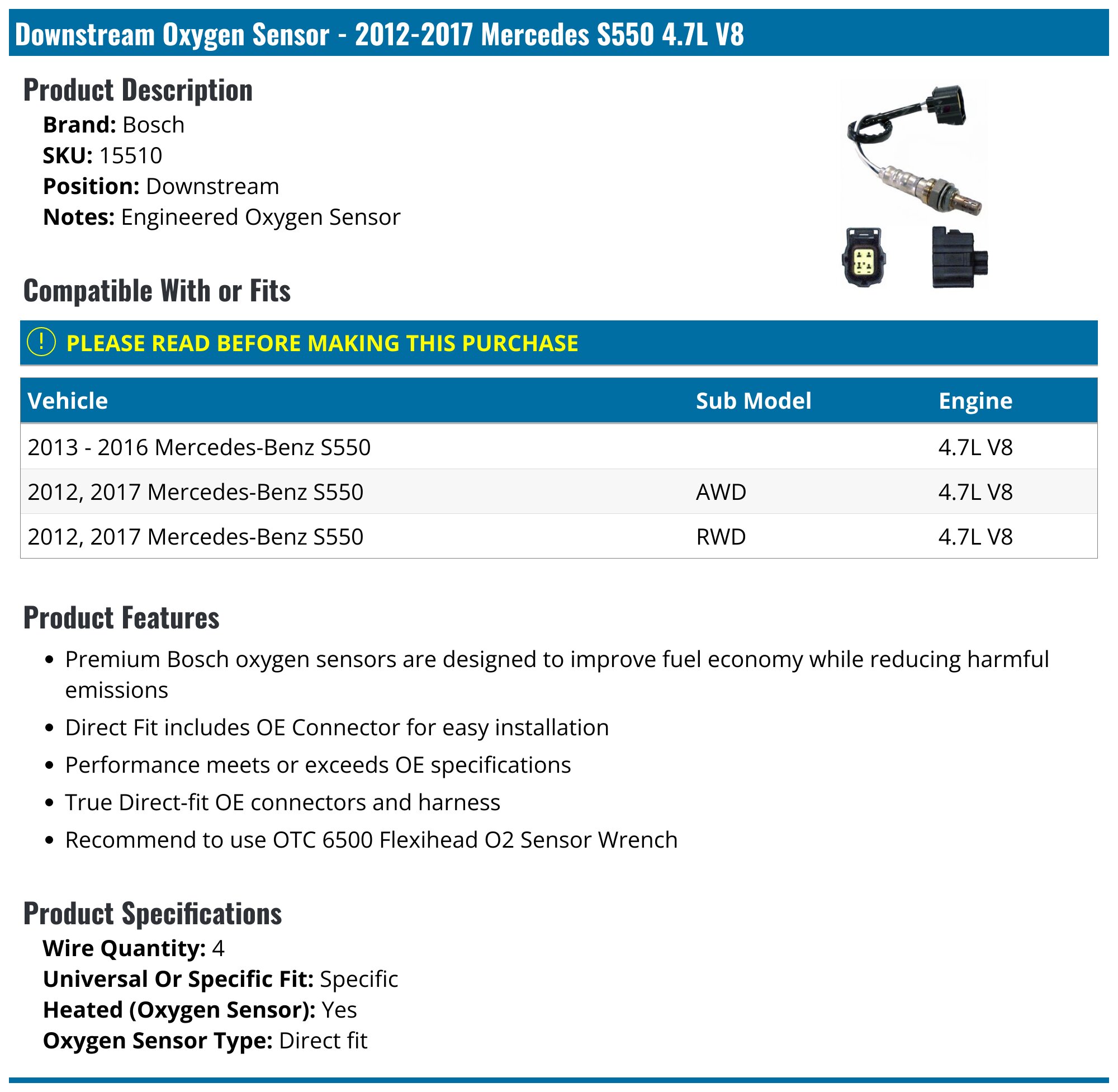 2012-2017 Mercedes S550 Oxygen Sensor - Bosch 15510 - Downstream ...