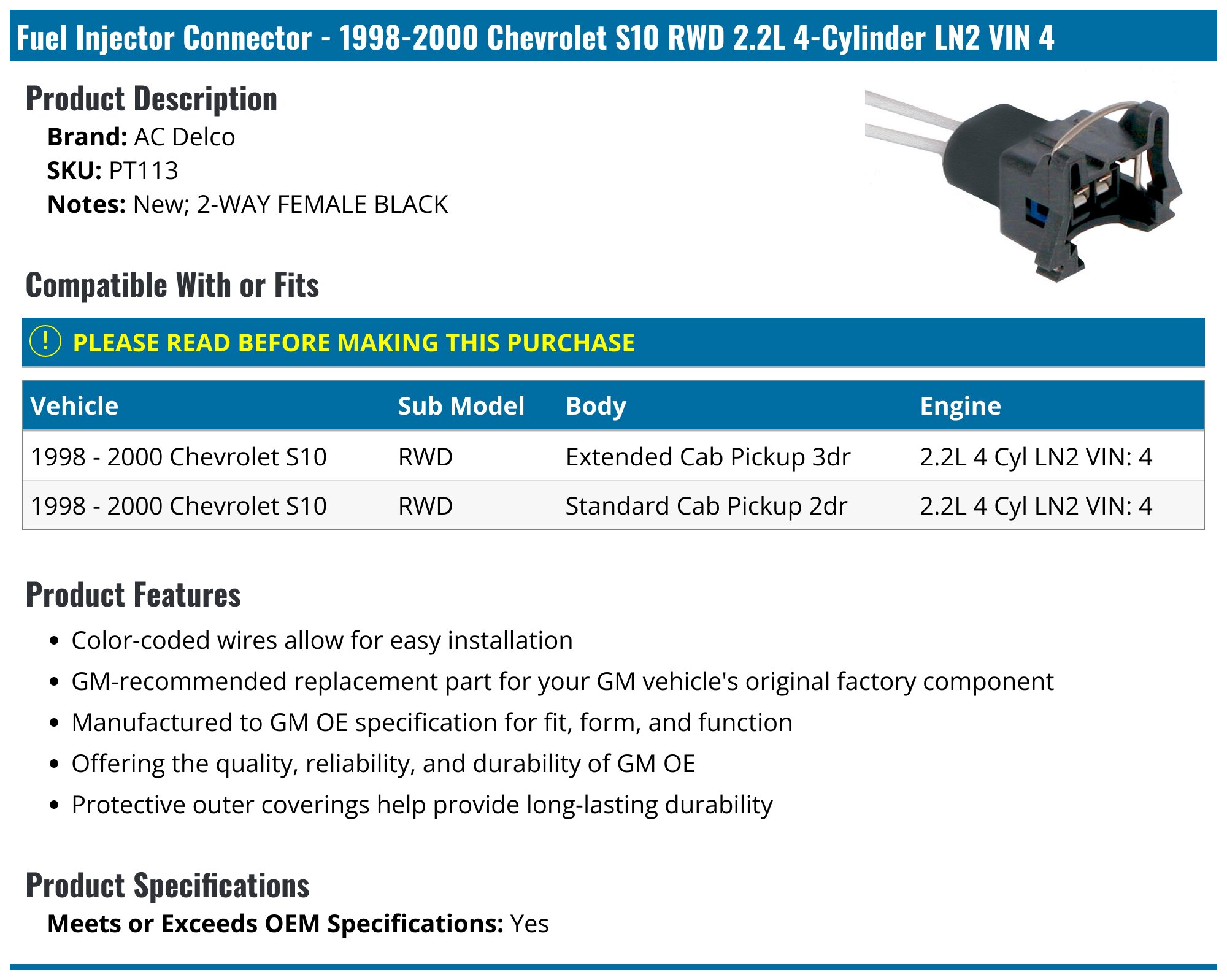 1998-2000 Chevrolet S10 Fuel Injector Connector - AC Delco PT113 ...