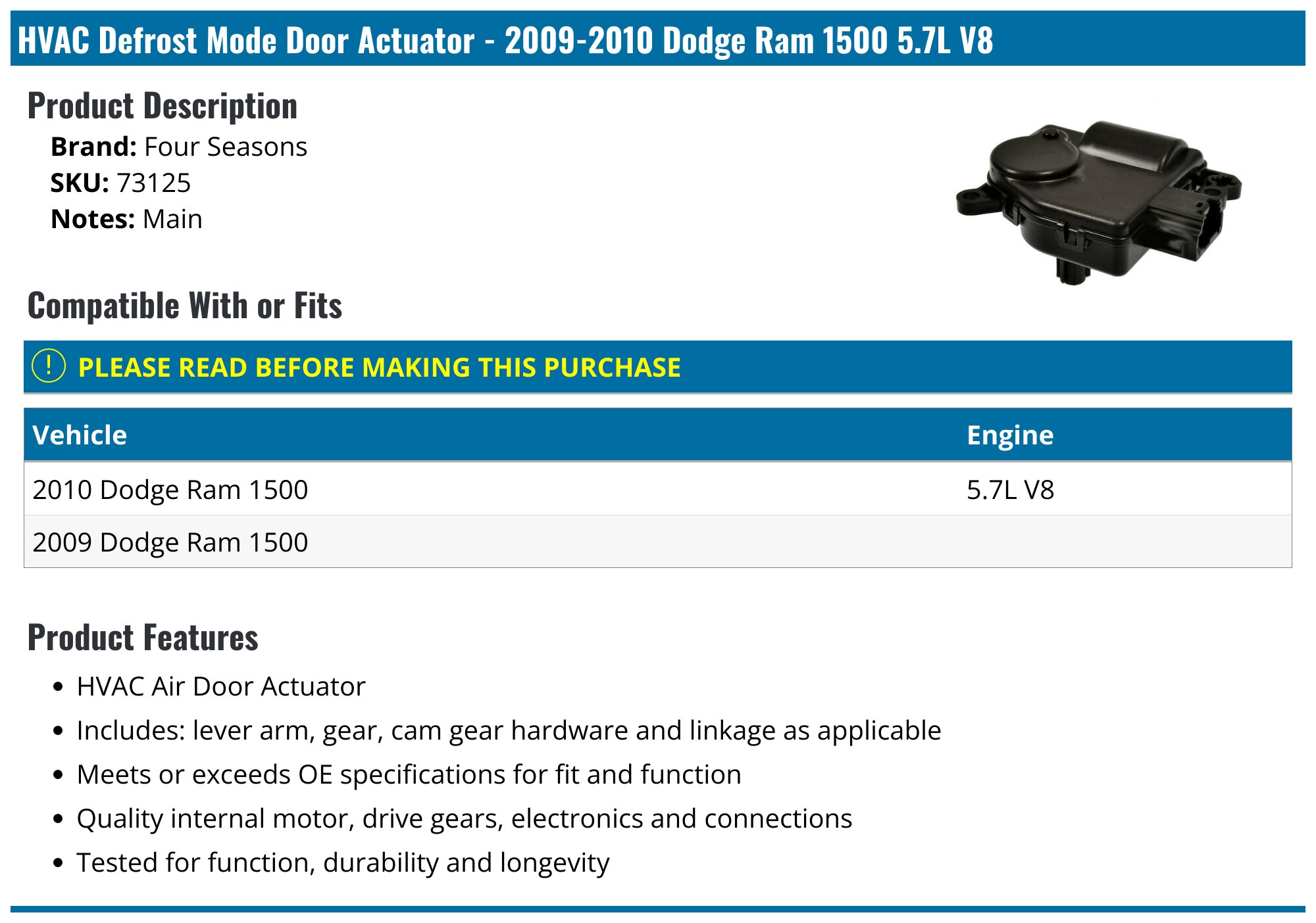 2009-2010 Dodge Ram 1500 HVAC Defrost Mode Door Actuator - Four Seasons ...