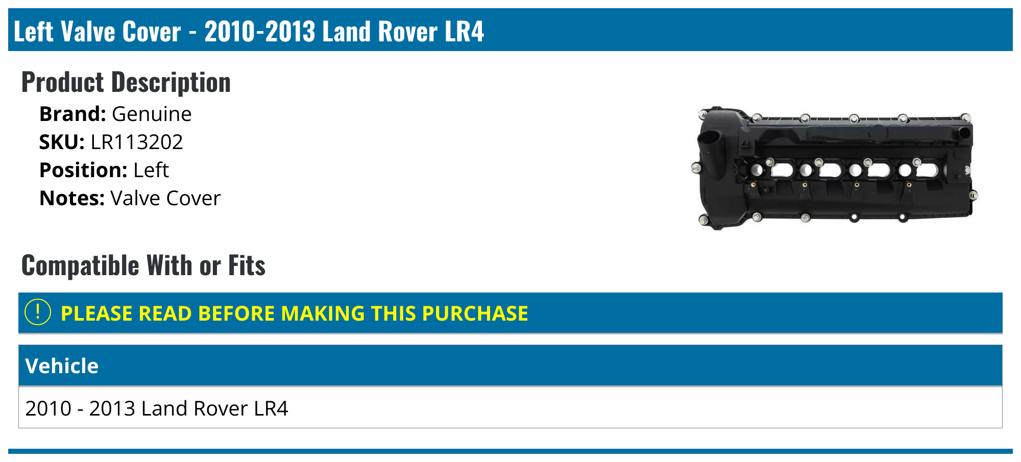 2010-2013 Land Rover LR4 Valve Cover - Genuine LR113202 - Left ...