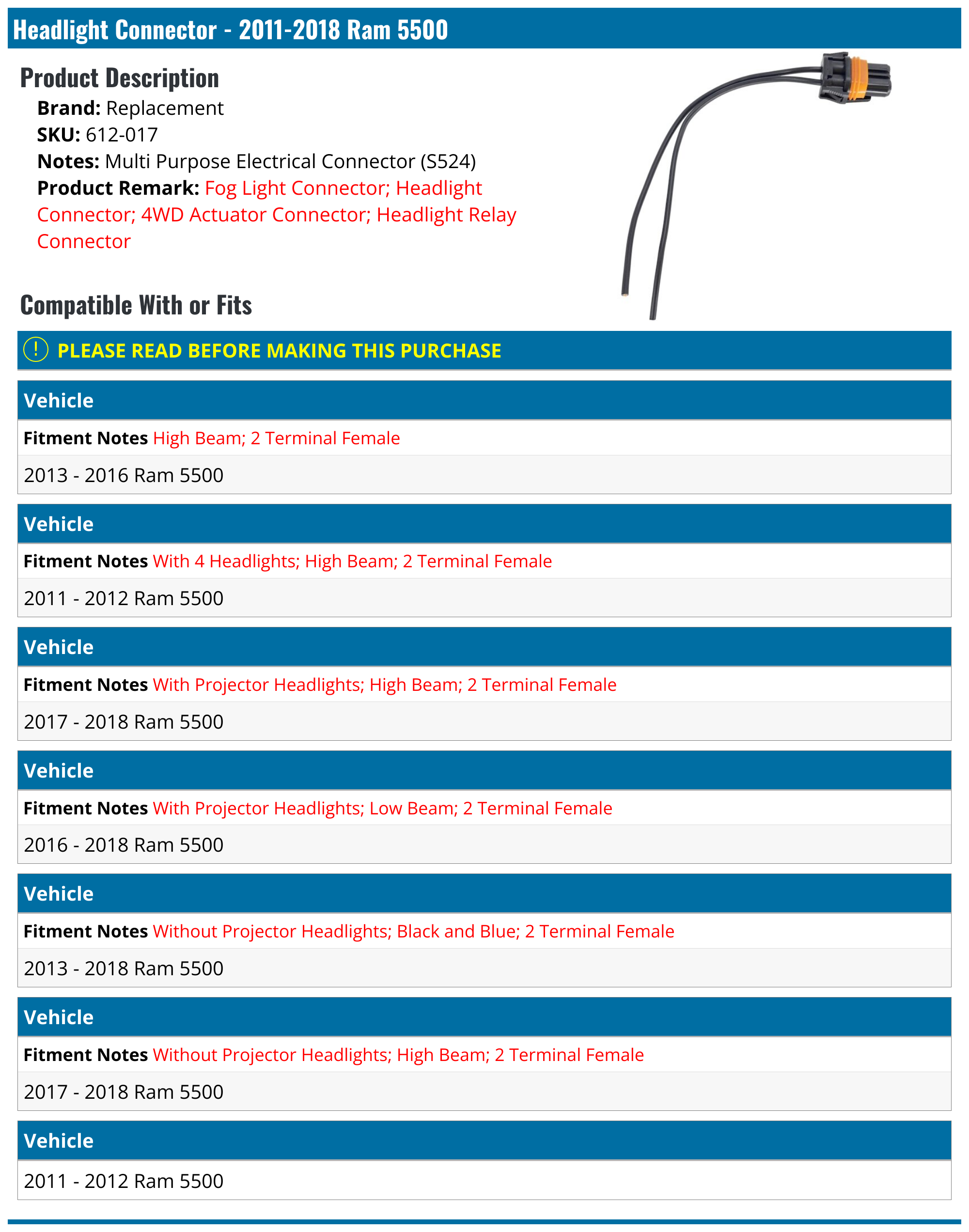 2011-2018 Ram 5500 Headlight Connector - Replacement 612-017 ...