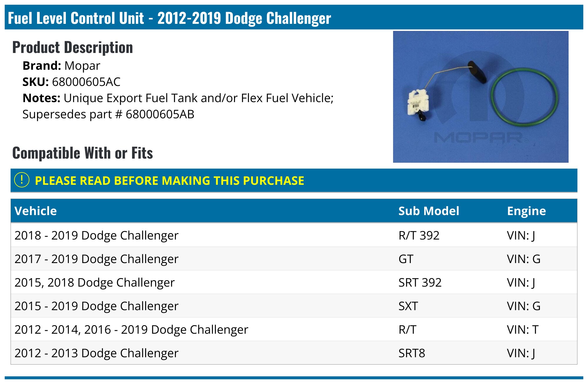 2012-2019 Dodge Challenger Fuel Tank Sending Unit - Mopar 68000605AC ...