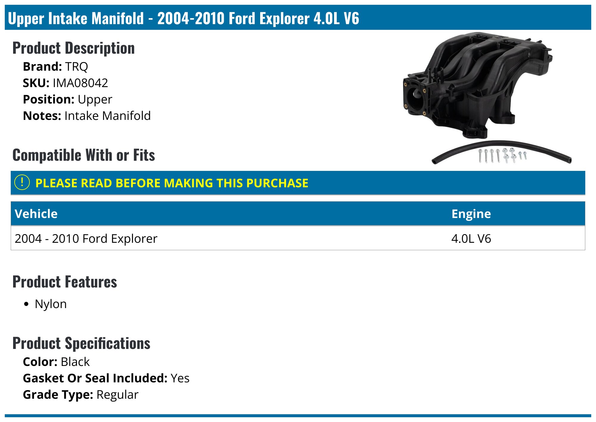 2004-2010 Ford Explorer Intake Manifold - TRQ IMA08042 - Upper ...