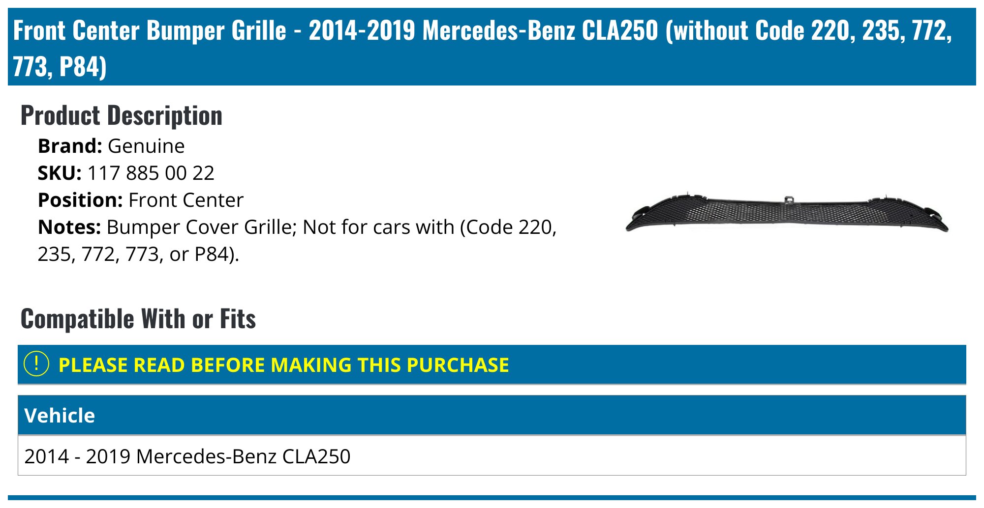 2014-2019 Mercedes CLA250 Grille Assembly - Genuine 117 885 00 22 ...