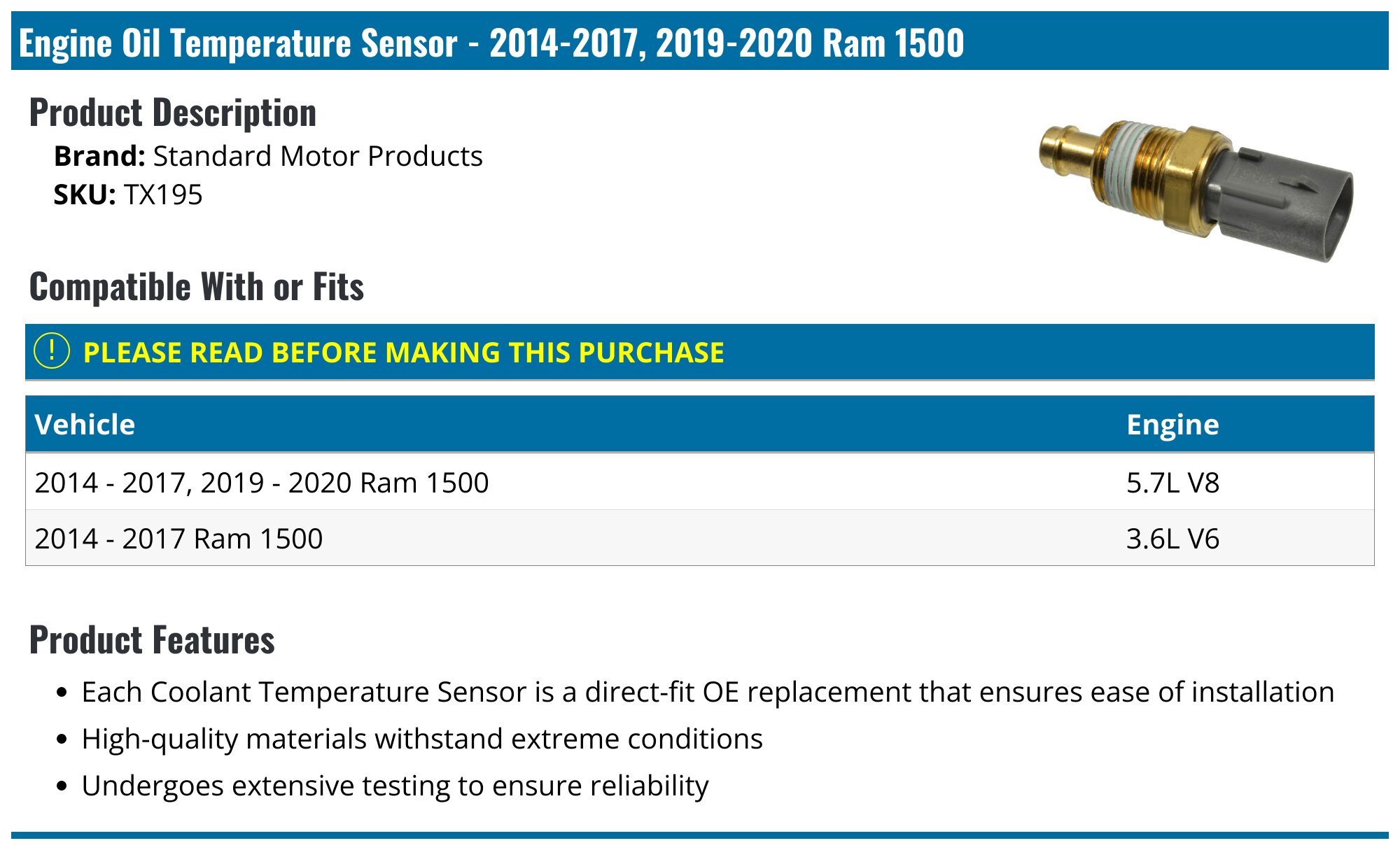 2011-2024 Ram 1500 Engine Oil Temperature Sensor - Standard Motor ...