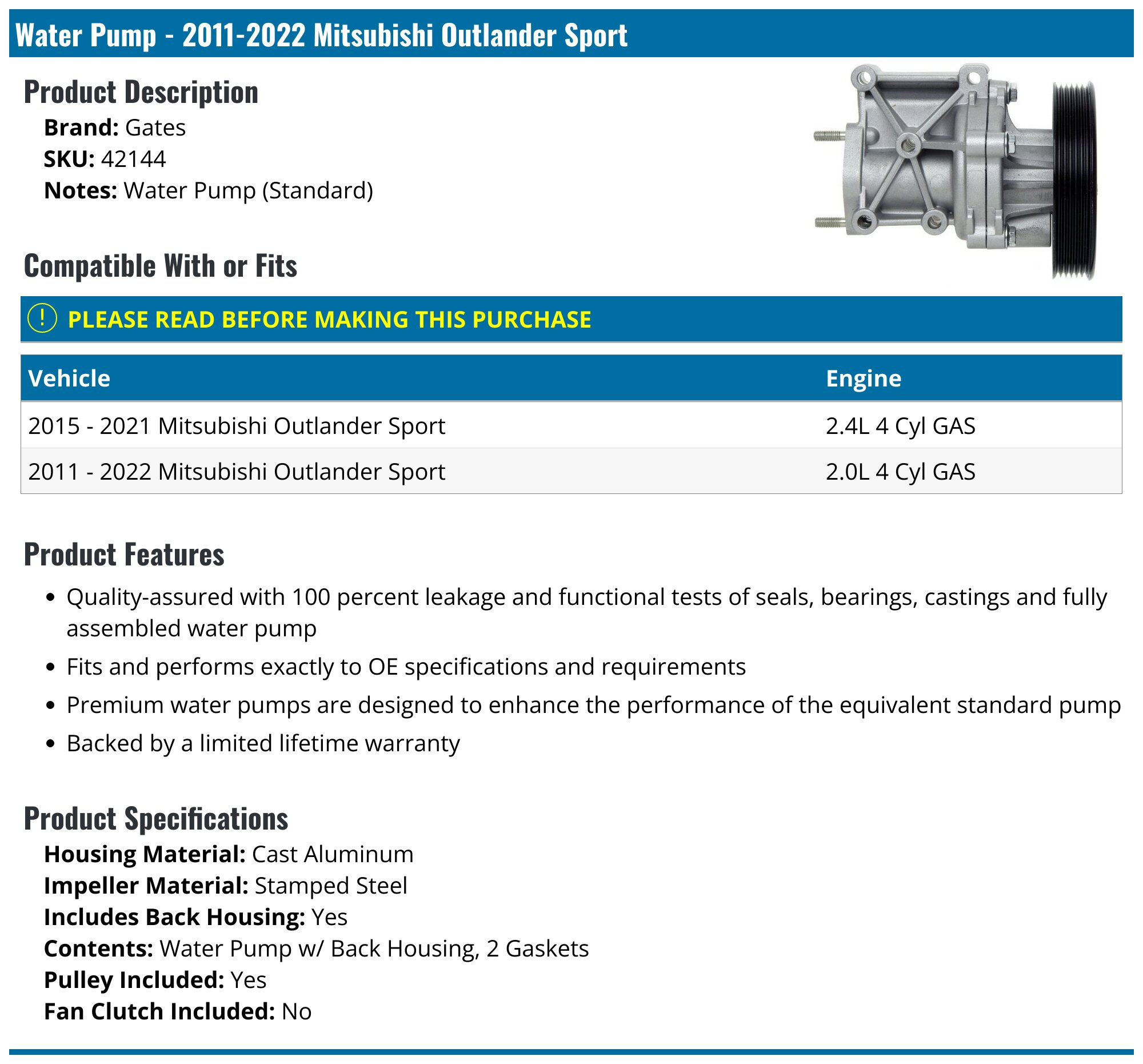 2011-2025 Mitsubishi Outlander Sport Water Pump - Gates 42144 ...