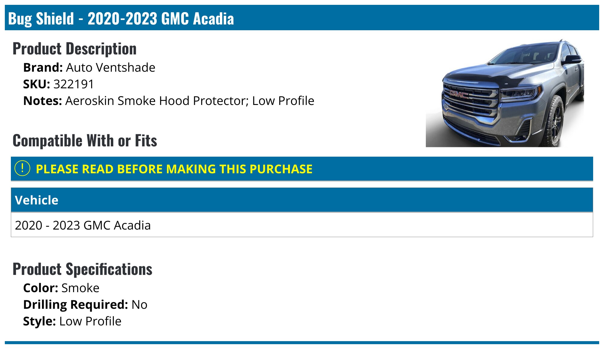 2020-2023 GMC Acadia Bug Shield - Auto Ventshade 322191 - - PartsGeek.com