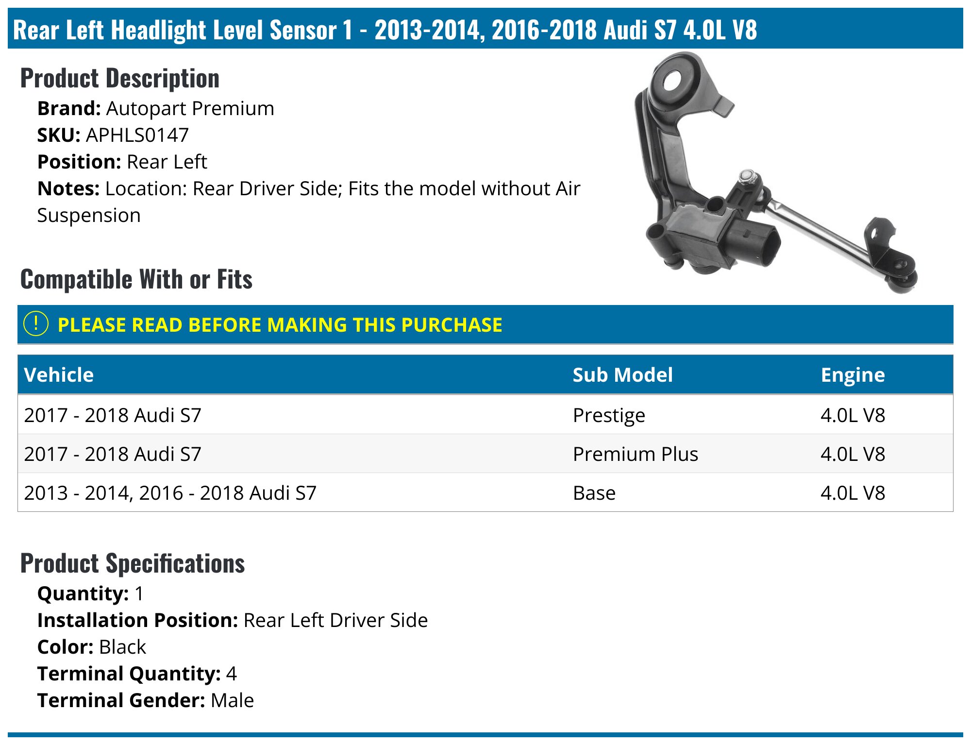 2013-2014, 2016-2018 Audi S7 Headlight Level Sensor - Autopart Premium ...