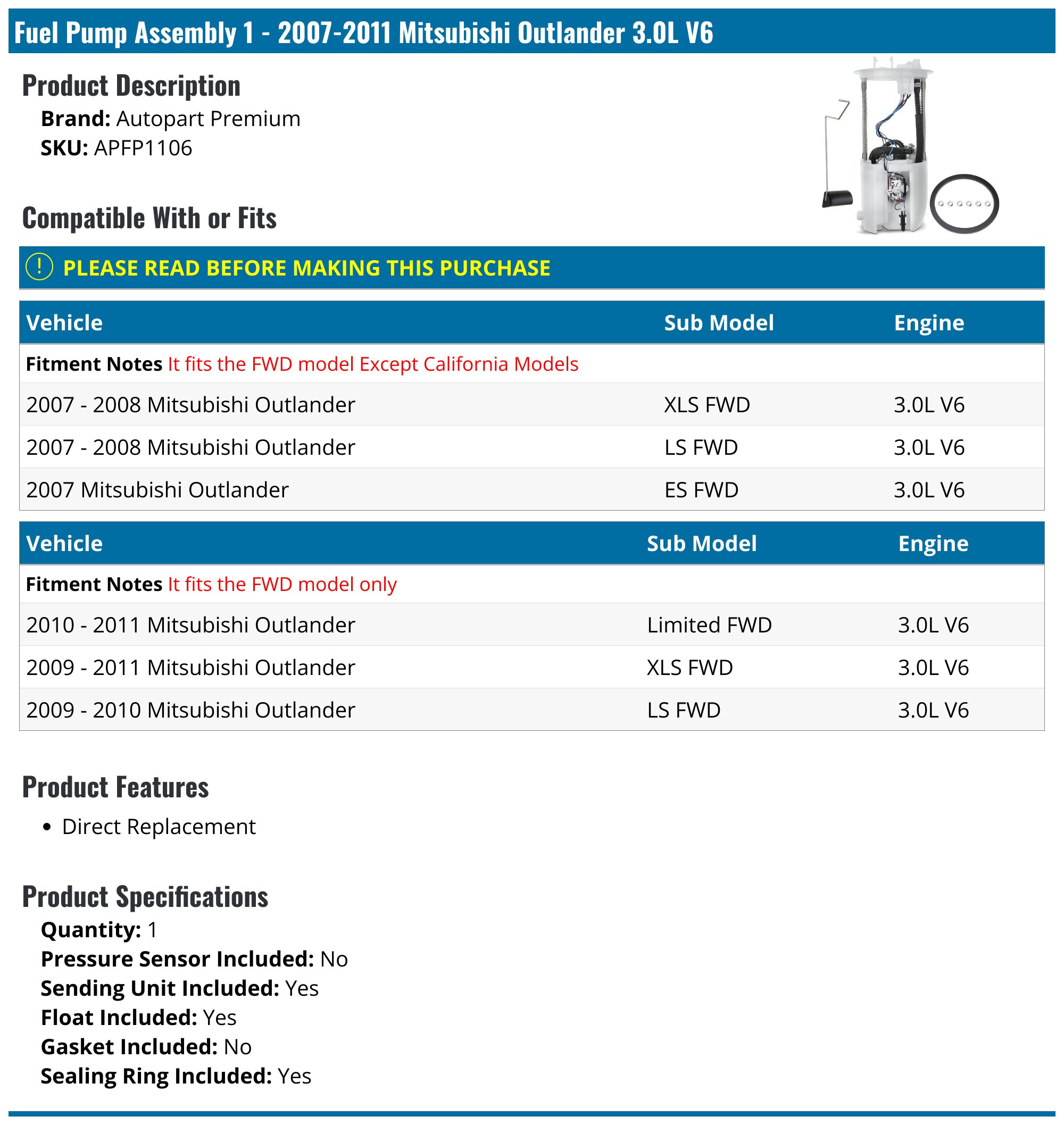 2007-2011 Mitsubishi Outlander Fuel Pump - Autopart Premium APFP1106 ...