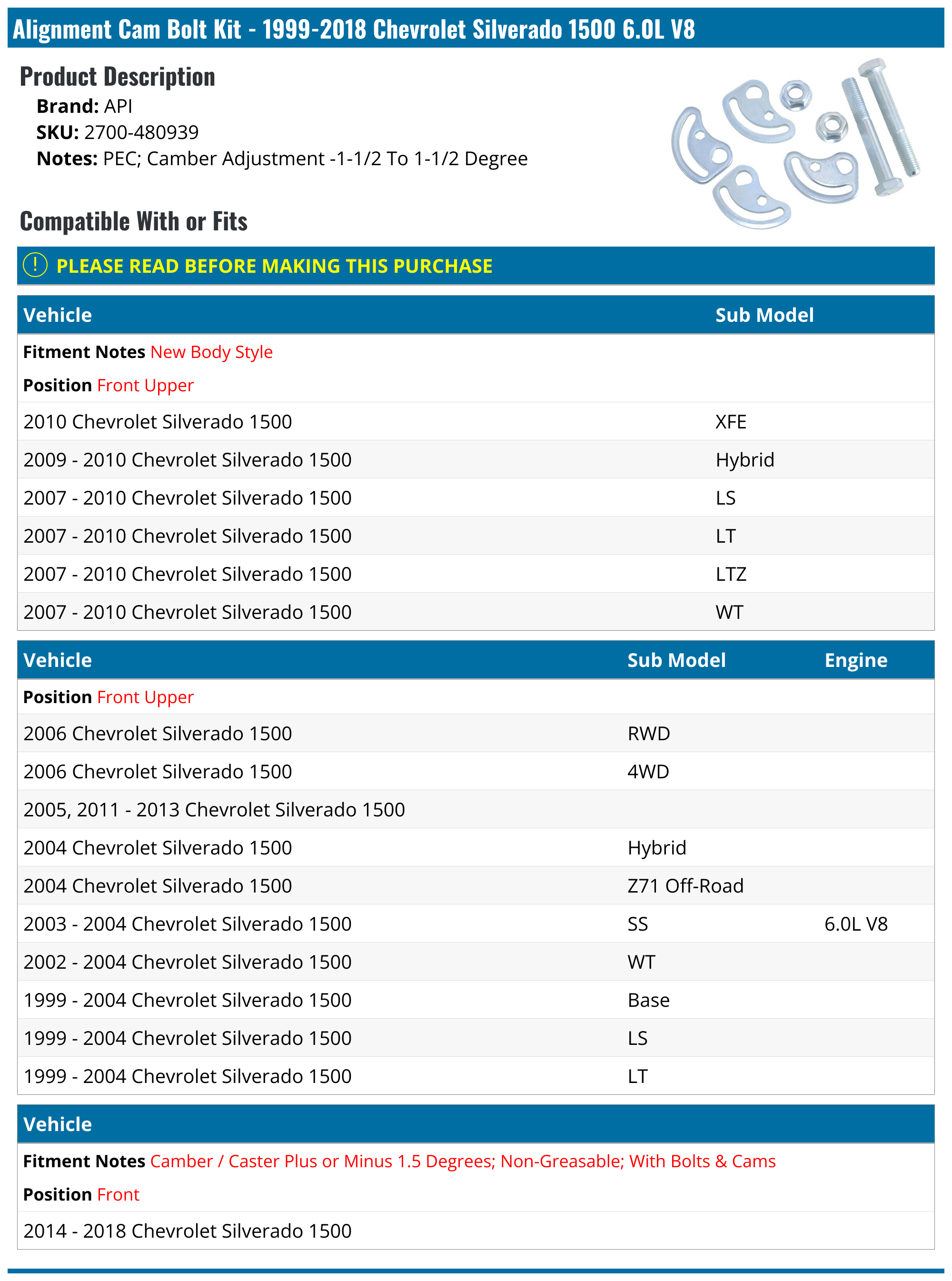 1999-2018 Chevrolet Silverado 1500 Alignment Cam Bolt Kit - API 3691 ...