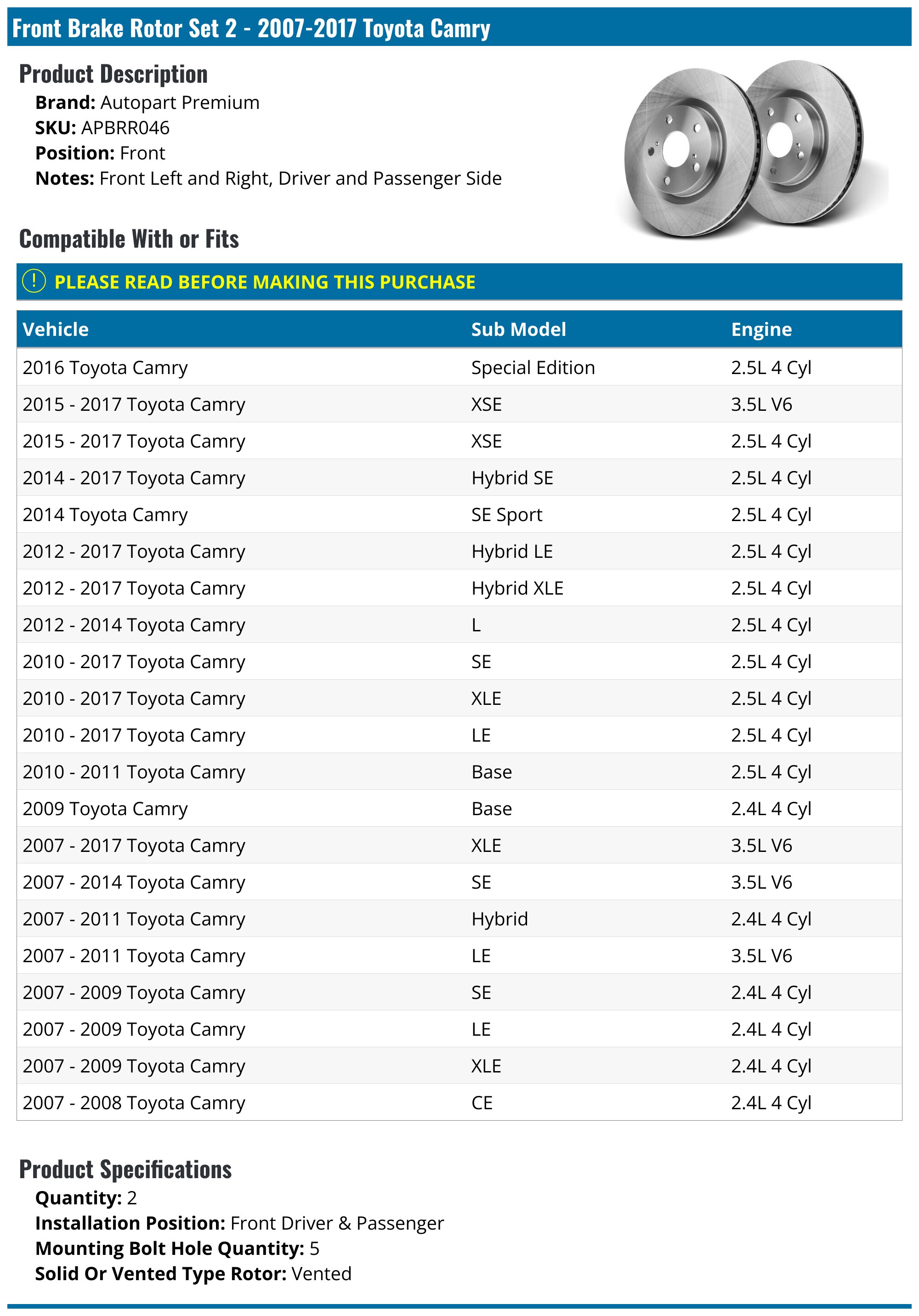 2007-2017 Toyota Camry Brake Rotor - Autopart Premium APBRR046 - Front ...