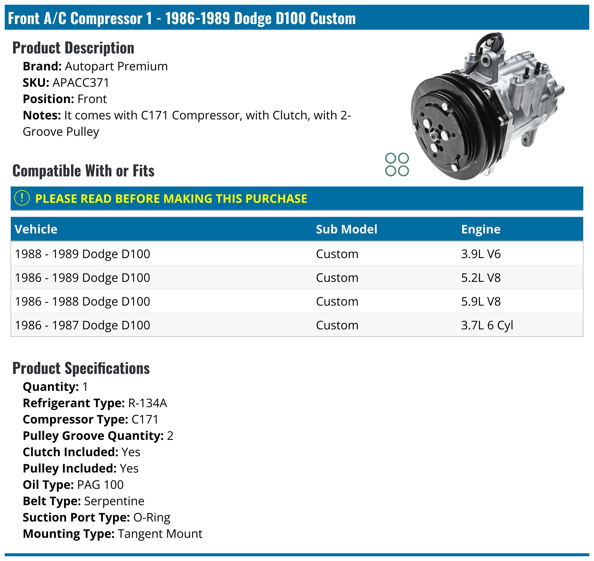 1986-1989 Dodge D100 A/C Compressor - Autopart Premium APACC371 - Front ...