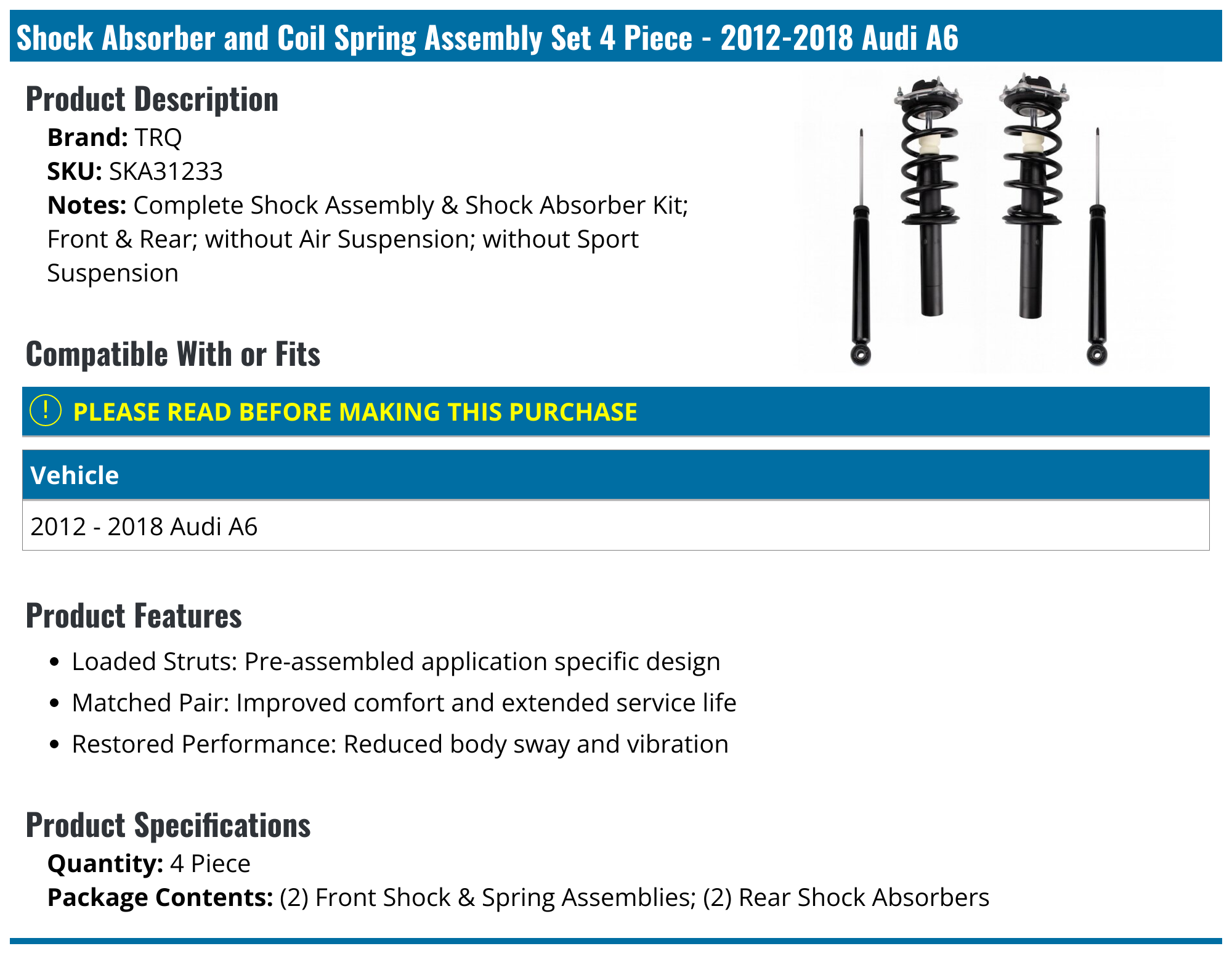 2012-2018 Audi A6 Strut Assembly - TRQ SKA31233 - PartsGeek.com